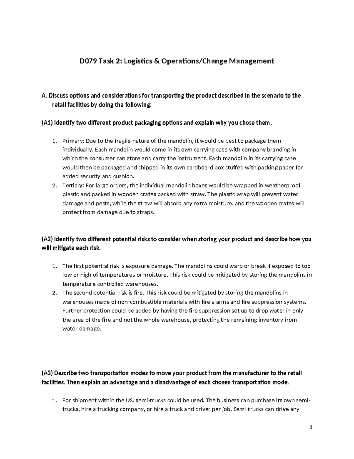 D079 Task 2 - Pass - Passed on First Try. - D079 Task 2: Logistics ...