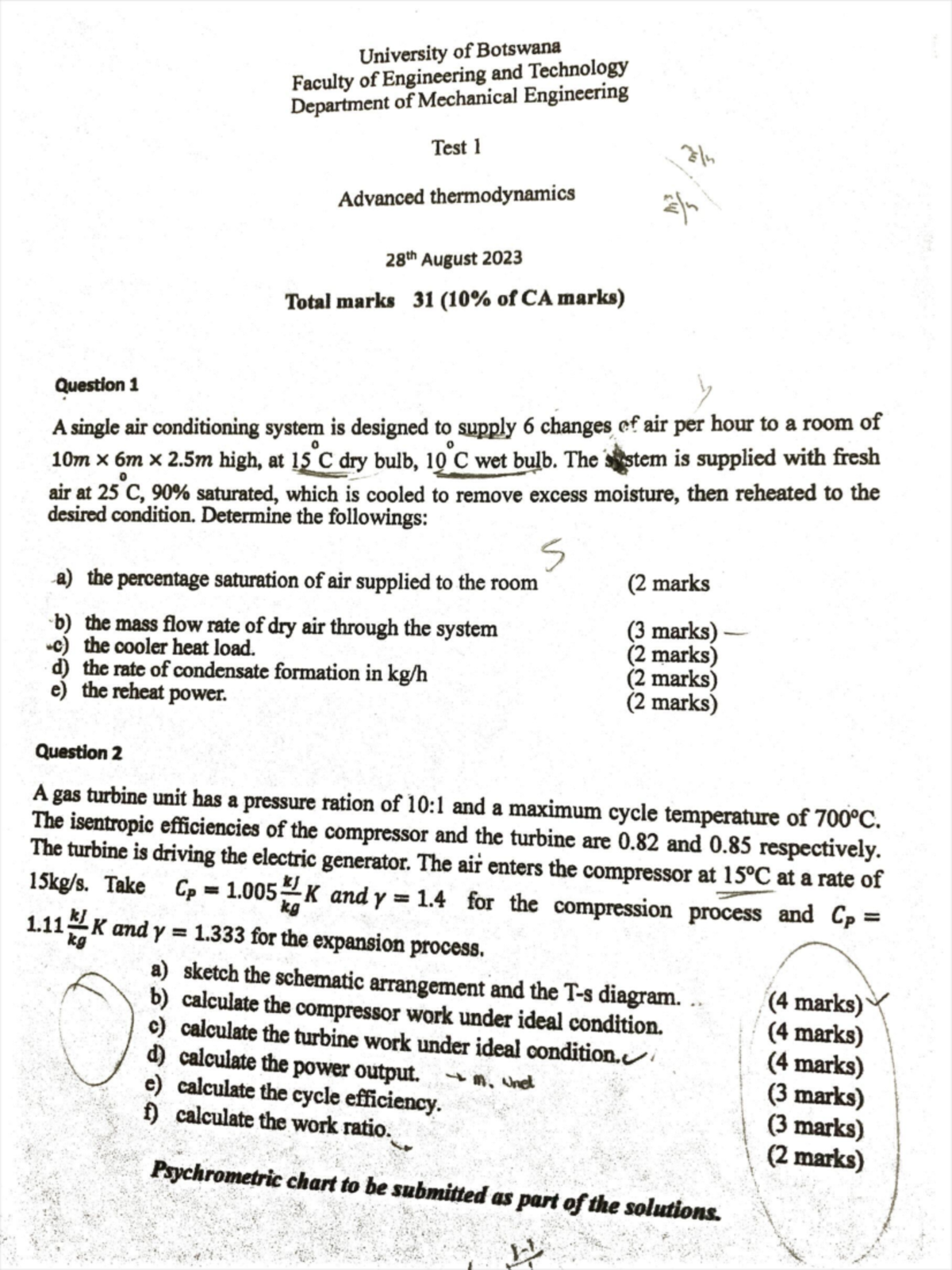 Thermo test 1 - University of Botswana Faculty of Engineering and ...