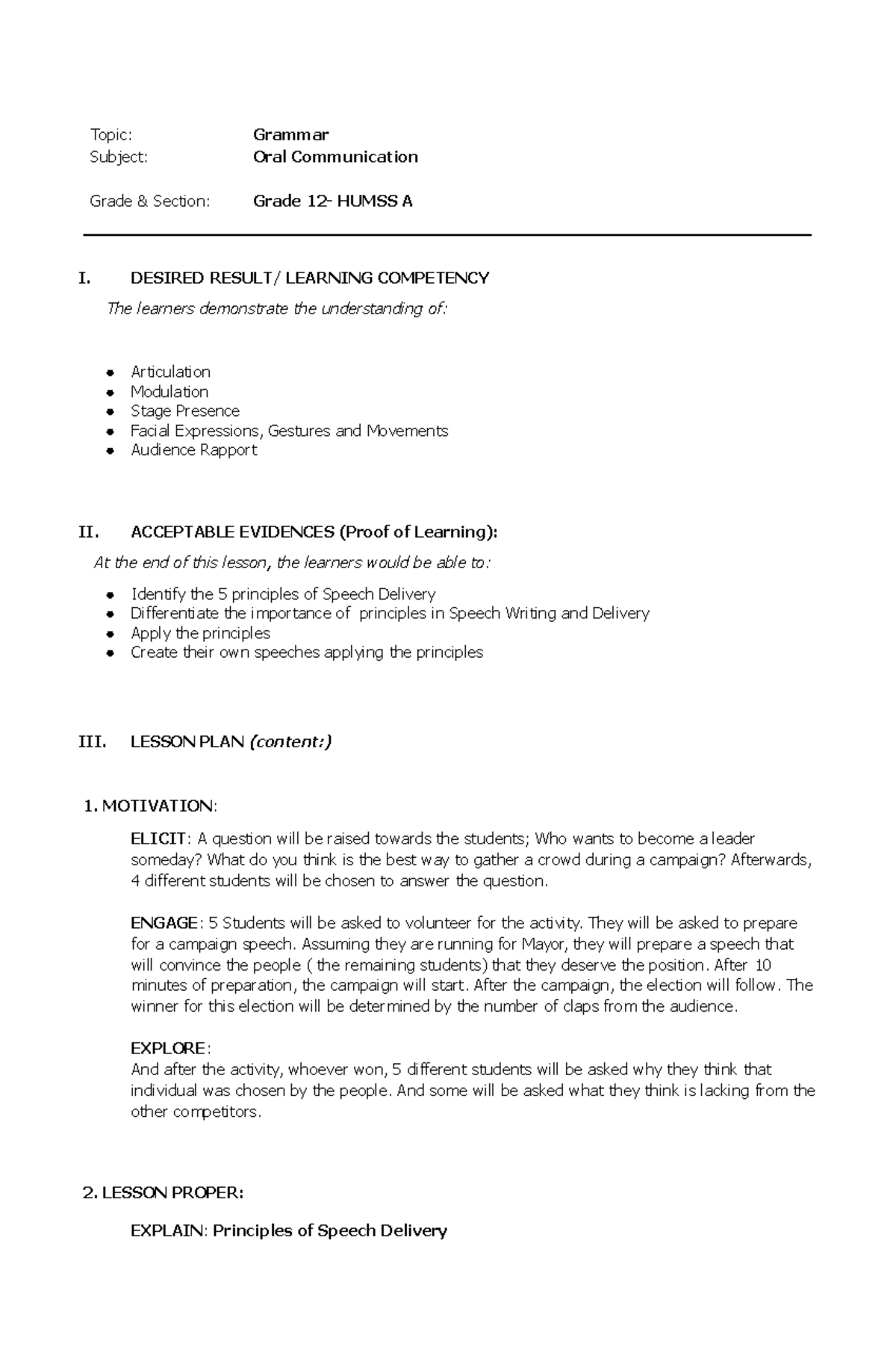 LP- Template - Lesson Plan - Topic: Grammar Subject: Oral Communication ...