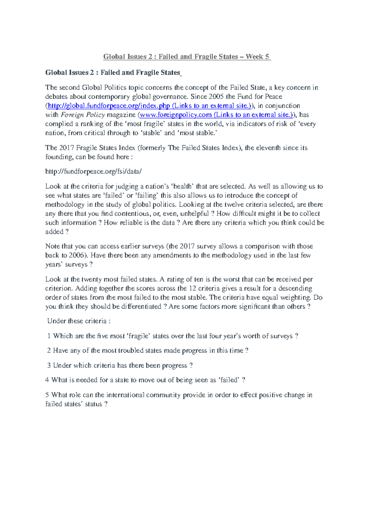 Global Issues 2- Failed and Fragile States Week 5 - Global Issues 2 ...