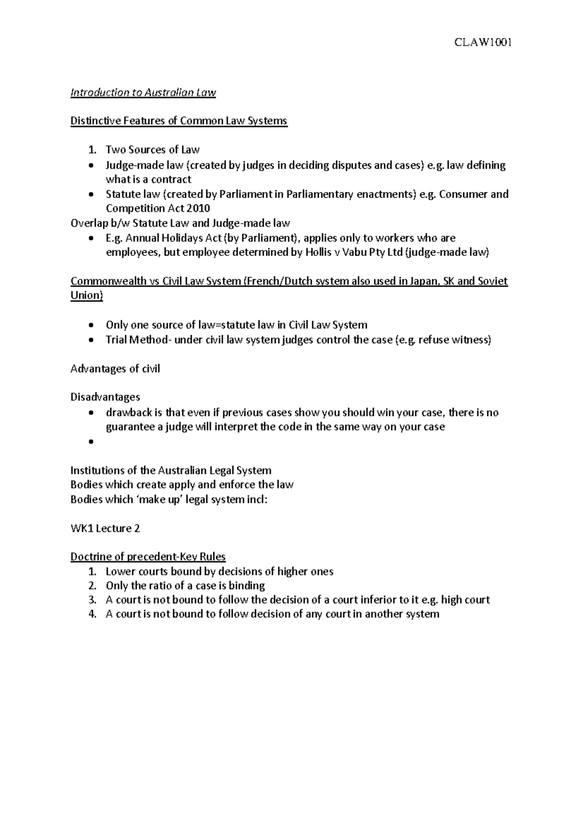 [GOOD] CLAW1001 - The whole course content notes are summarised. Very ...