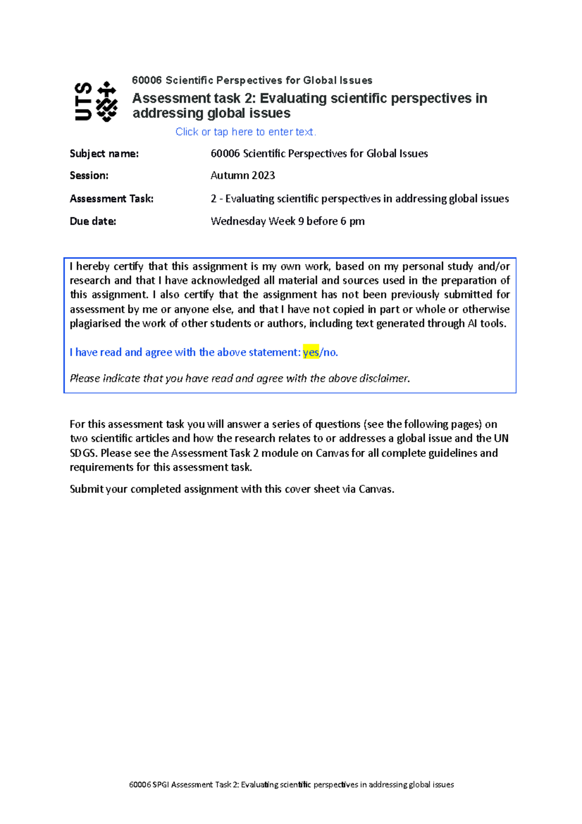 SPGI Assessment Task 2 - 60006 Scientific Perspectives for Global ...