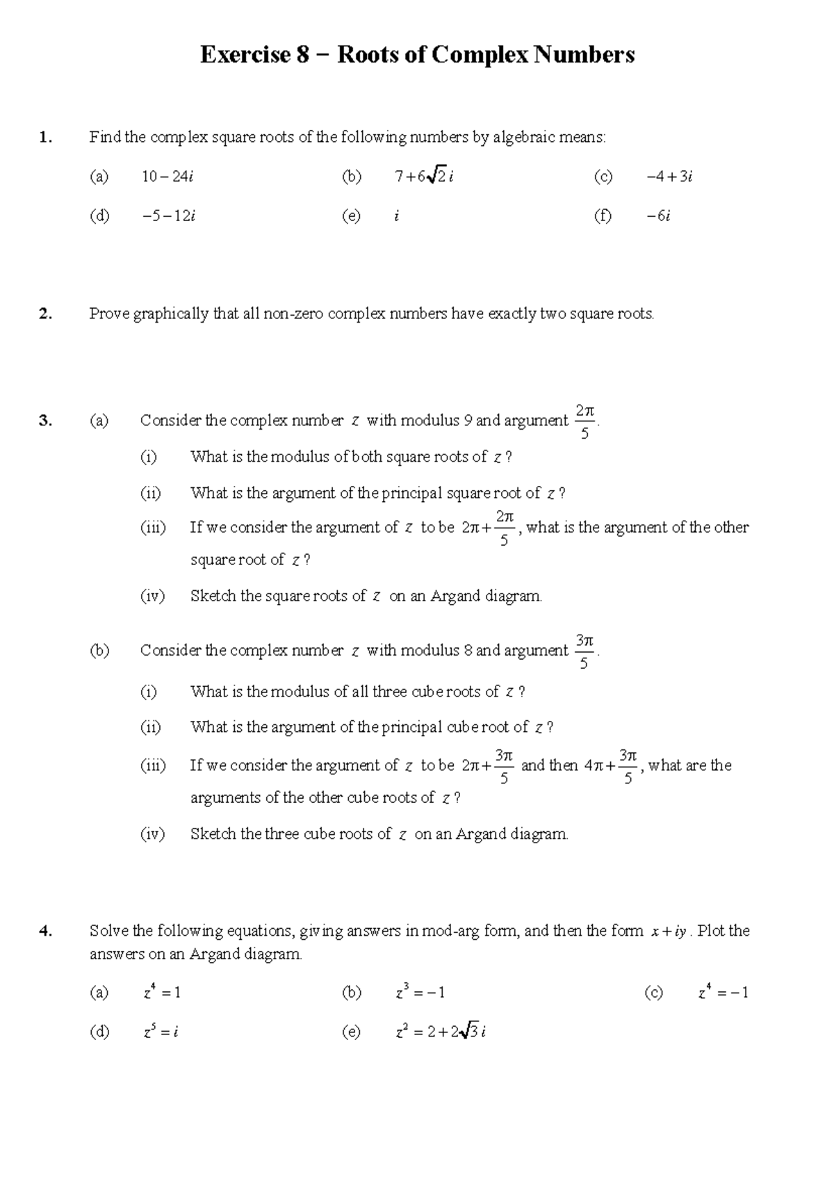 Exercise 8 - Roots of Complex Numbers - Exercise 8 − Roots of Complex ...