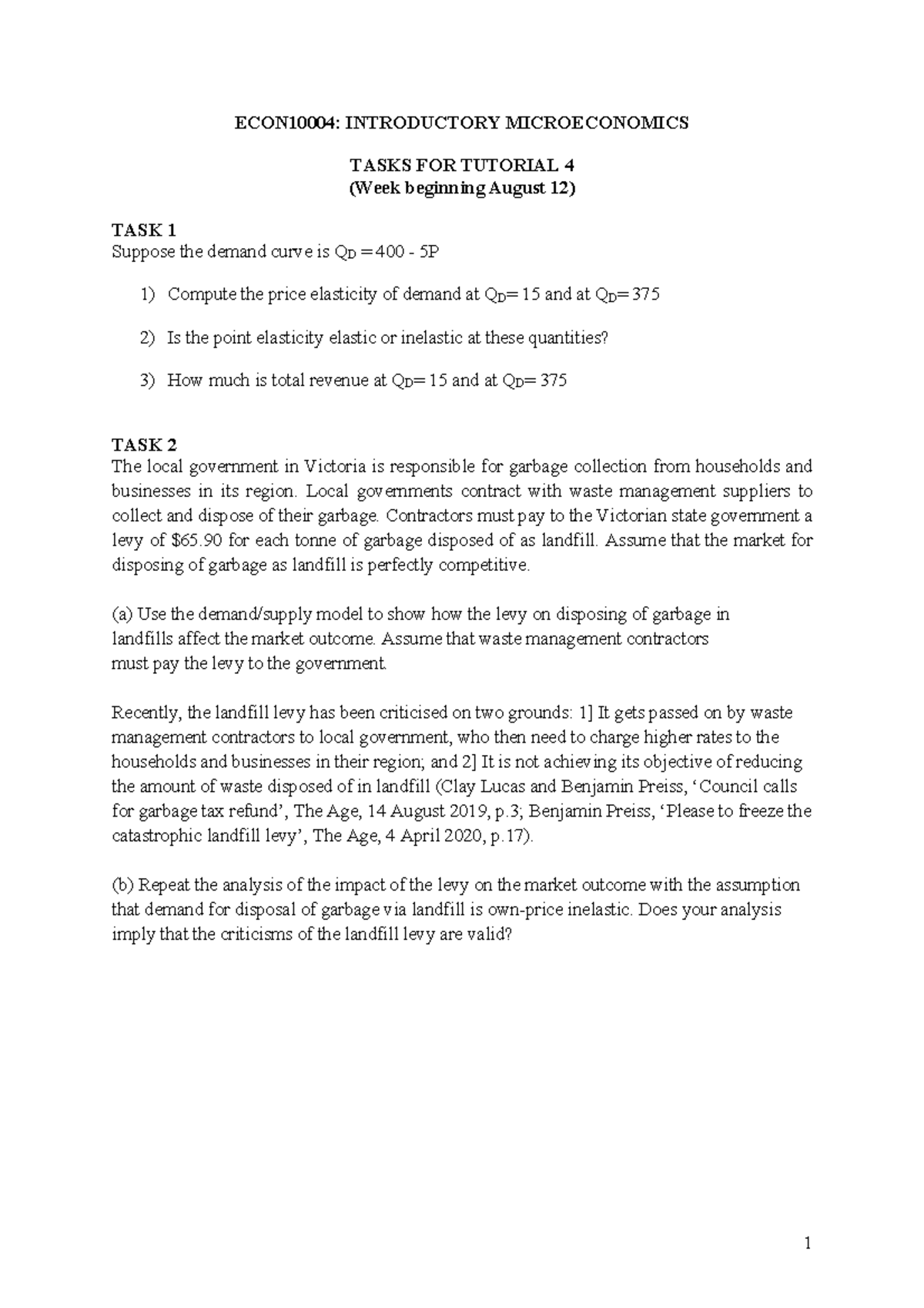 Week 4 In-Tutorial Questions - 1 ECON10004: INTRODUCTORY MICROECONOMICS TASKS FOR TUTORIAL 4 ...