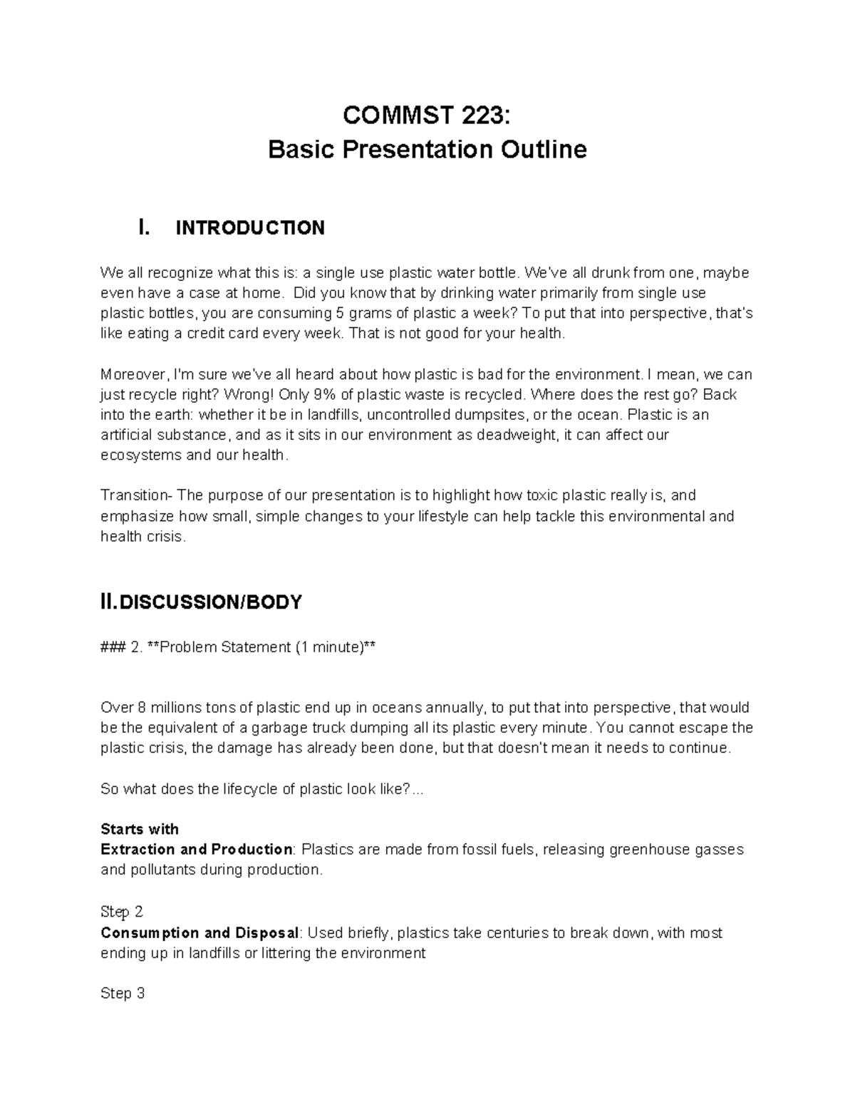 Basic Presentation Outline - COMMST 223: Basic Presentation Outline I ...