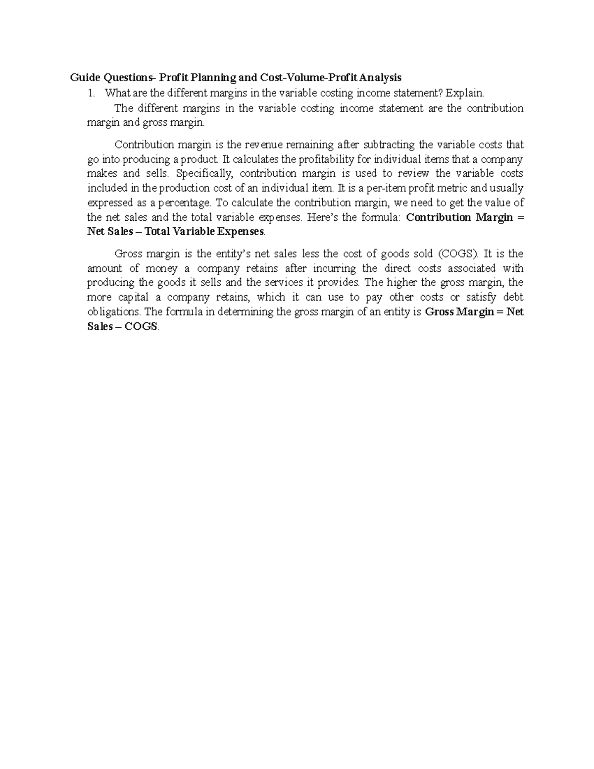 Profit Planning and Cost-Volume-Profit Analysis - Guide Questions ...
