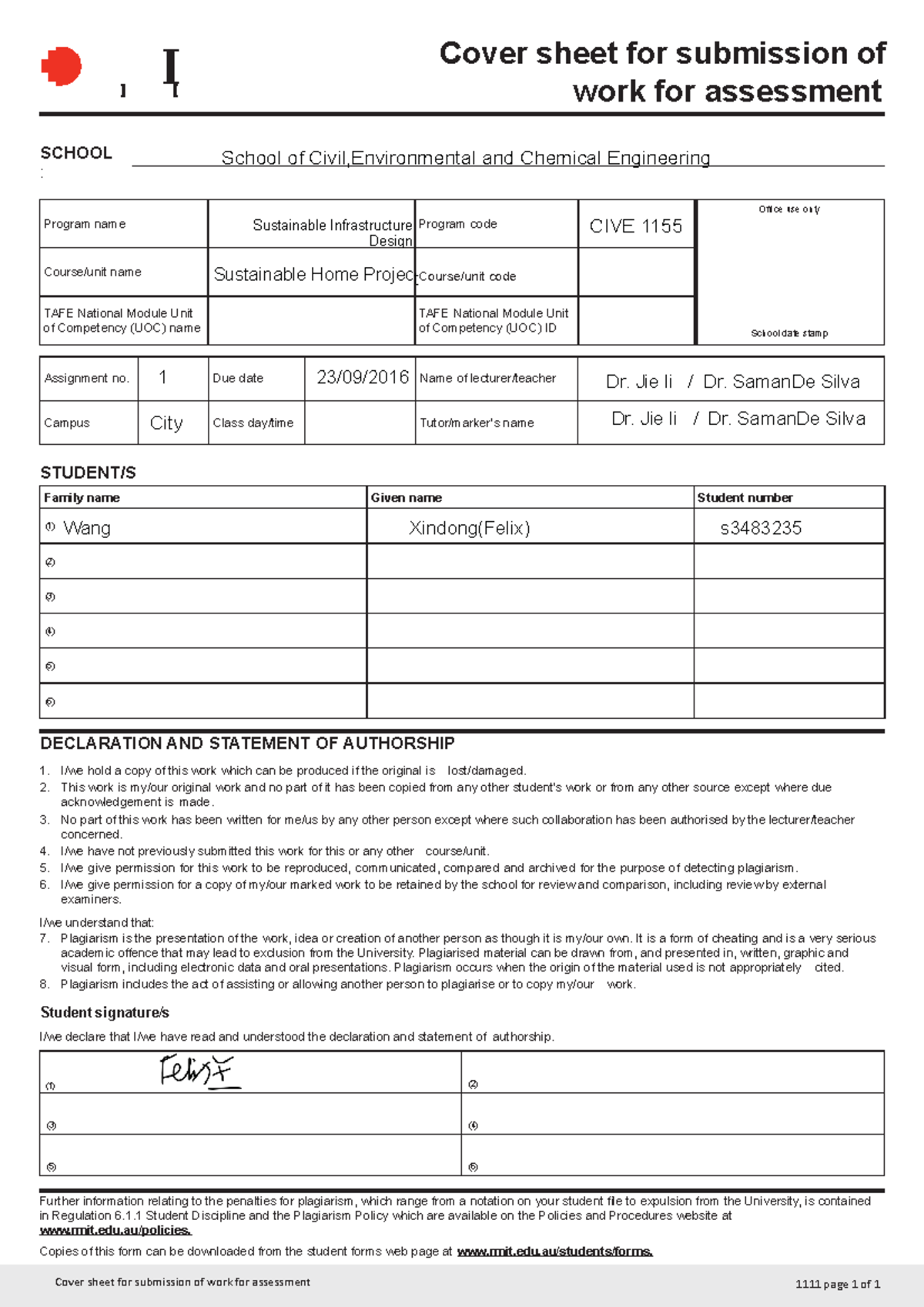 Assignment 212312421 - Cover sheet for submission of work for ...