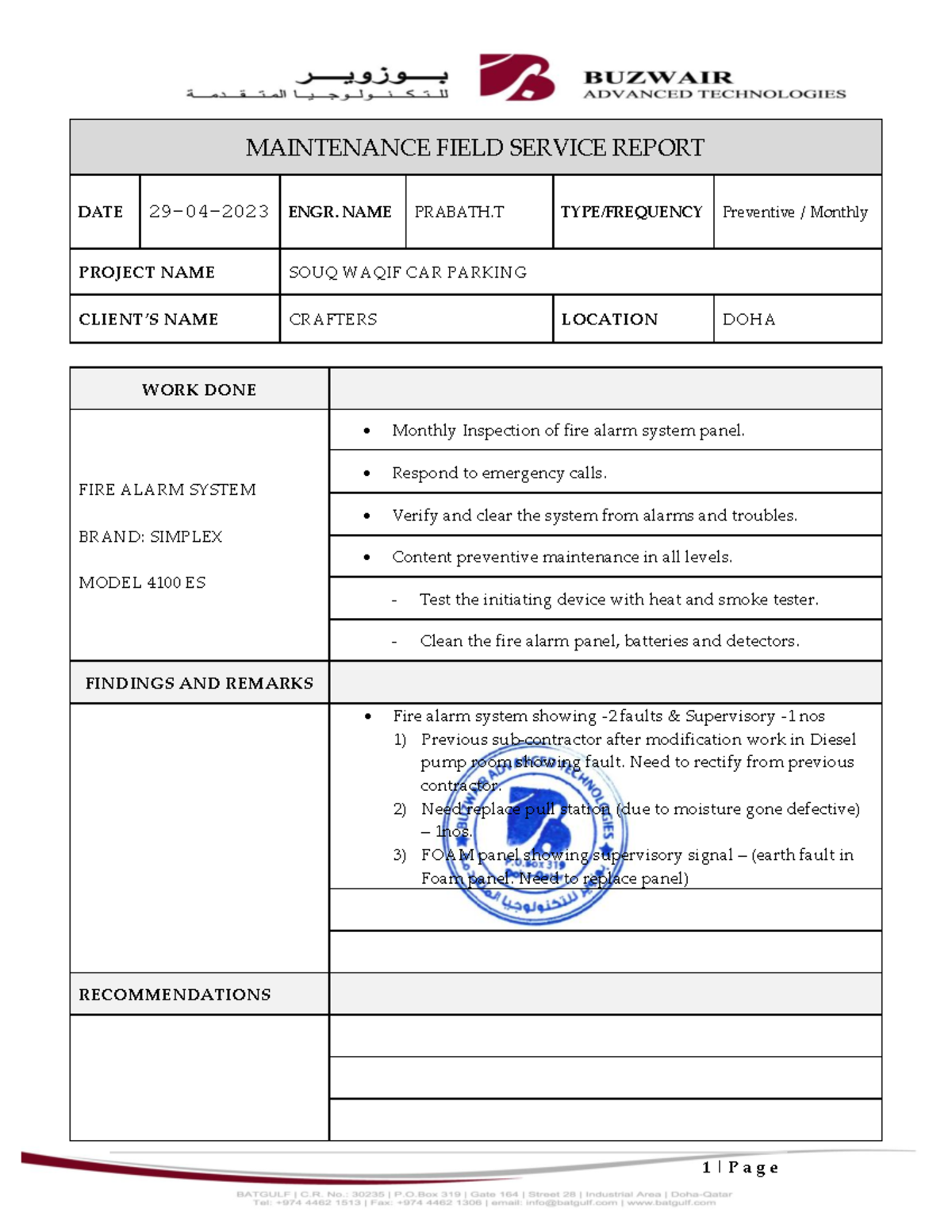 16.2 Fire alarm System north parkapril 23 - MAINTENANCE FIELD SERVICE ...