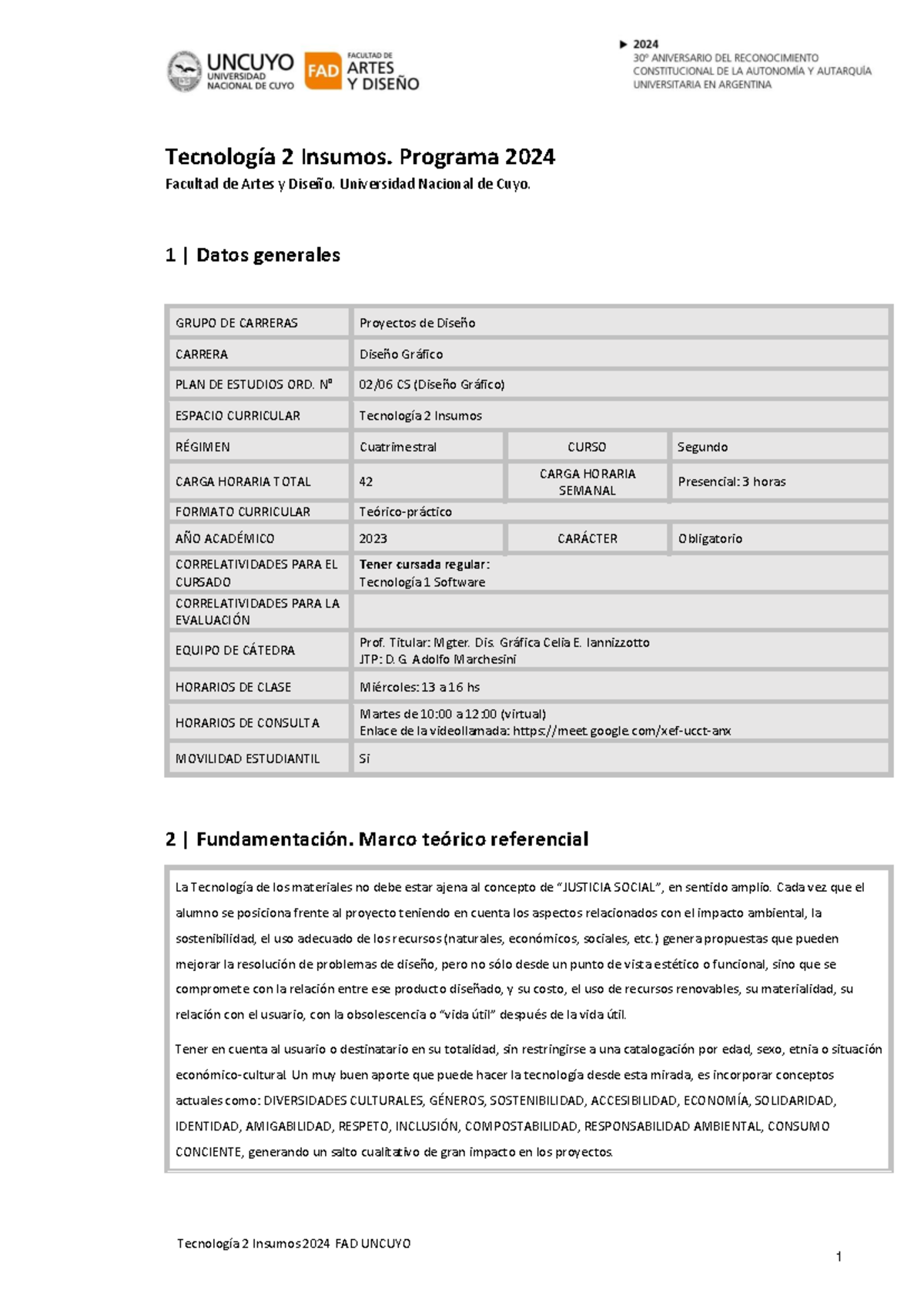 Programa Tecno 2 Insumos 2024 - Tecnología 2 Insumos 2024 FAD UNCUYO Tecnología 2 Insumos ...