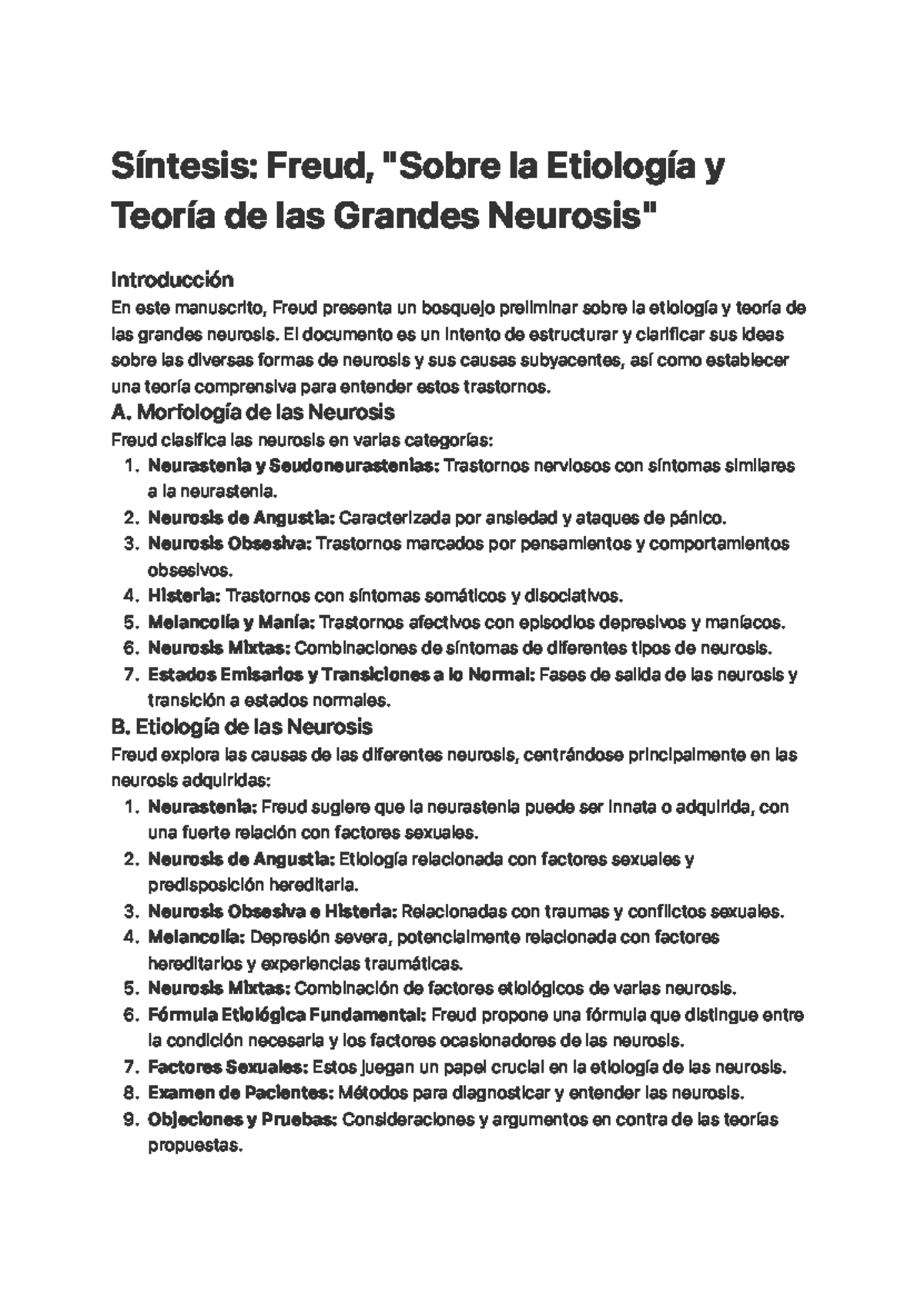 Síntesis Freud, Sobre la Etiología y Teoría de las Grandes Neurosis ...