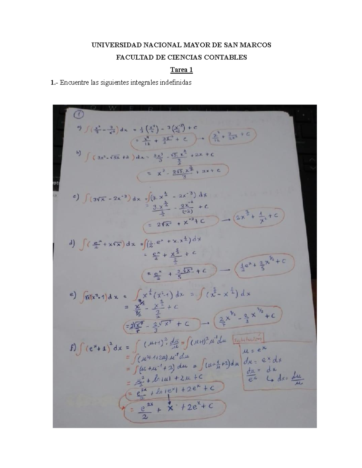 Tarea 1 Matematica II - Matemática II - UNIVERSIDAD NACIONAL MAYOR DE SAN MARCOS FACULTAD DE ...