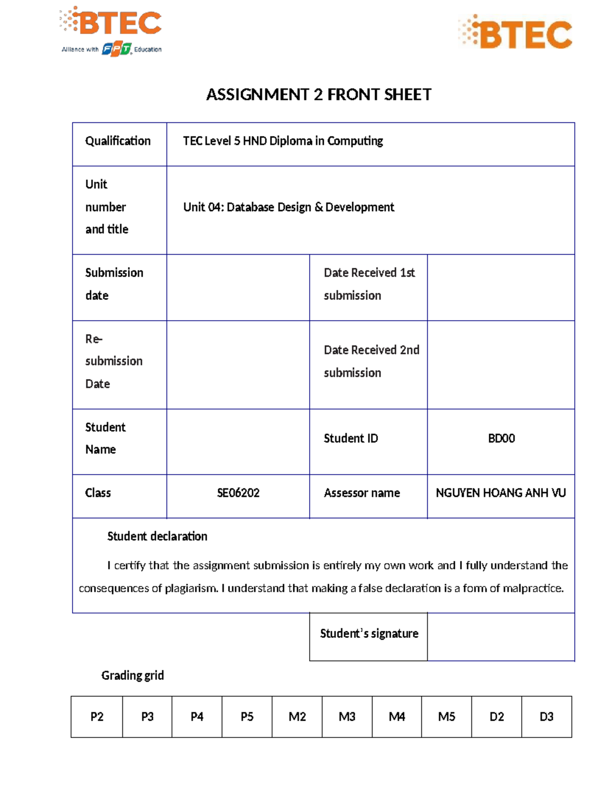 7400 BD00 SE06202 ASM2 FORM mẫu - ASSIGNMENT 2 FRONT SHEET Qualification TEC Level 5 HND Diploma ...