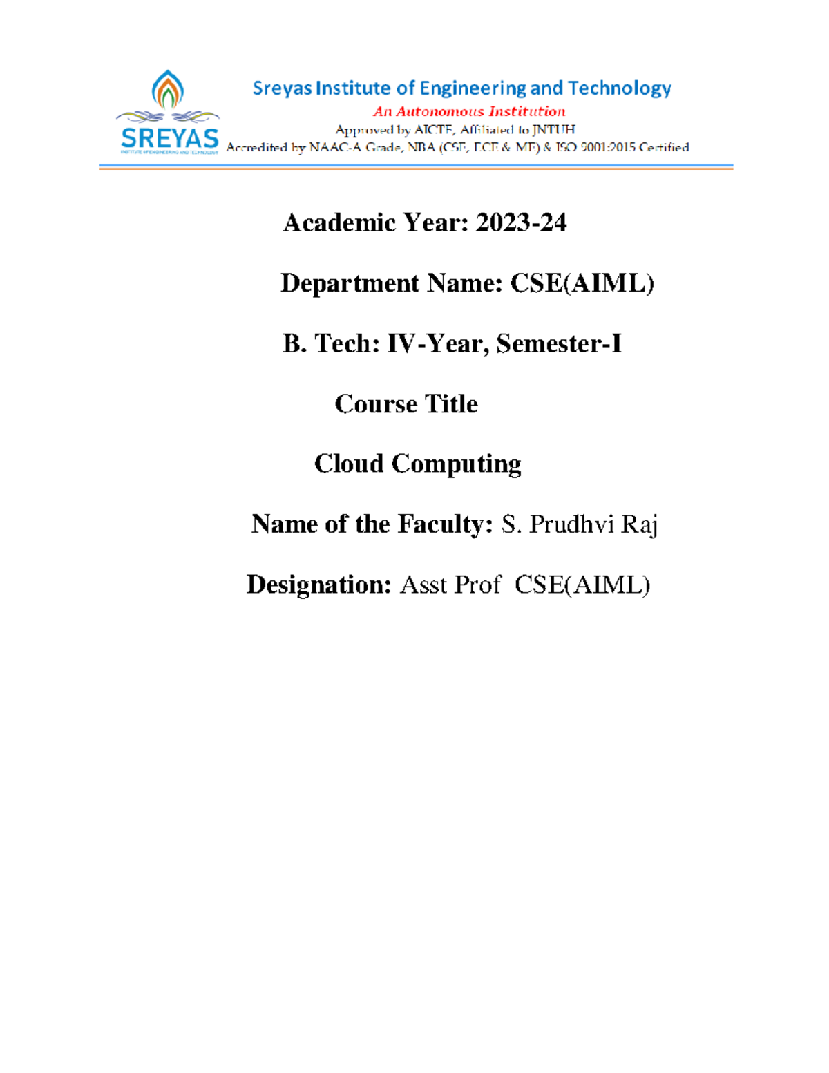 Cloud Computing Unit-I - Academic Year: 2023- Department Name: CSE(AIML) B. Tech: IV-Year, - Studocu