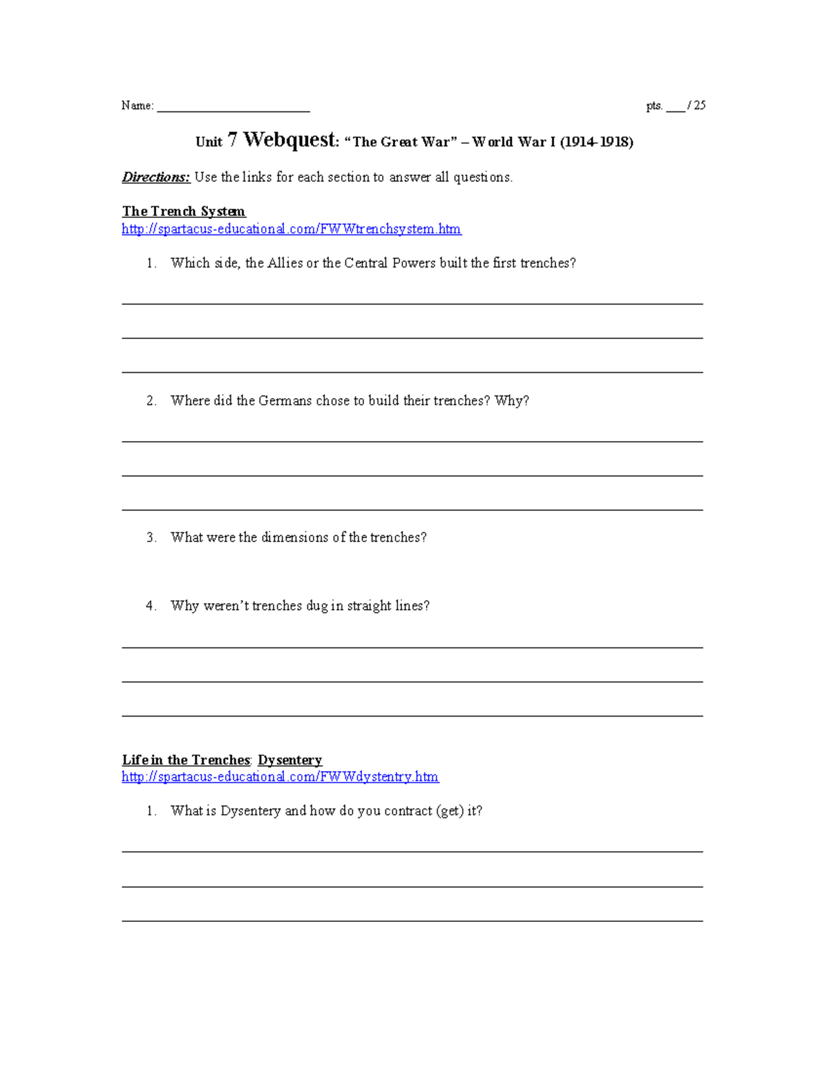 Trench Warfare Web Quest - Name: _________________________ pts ...