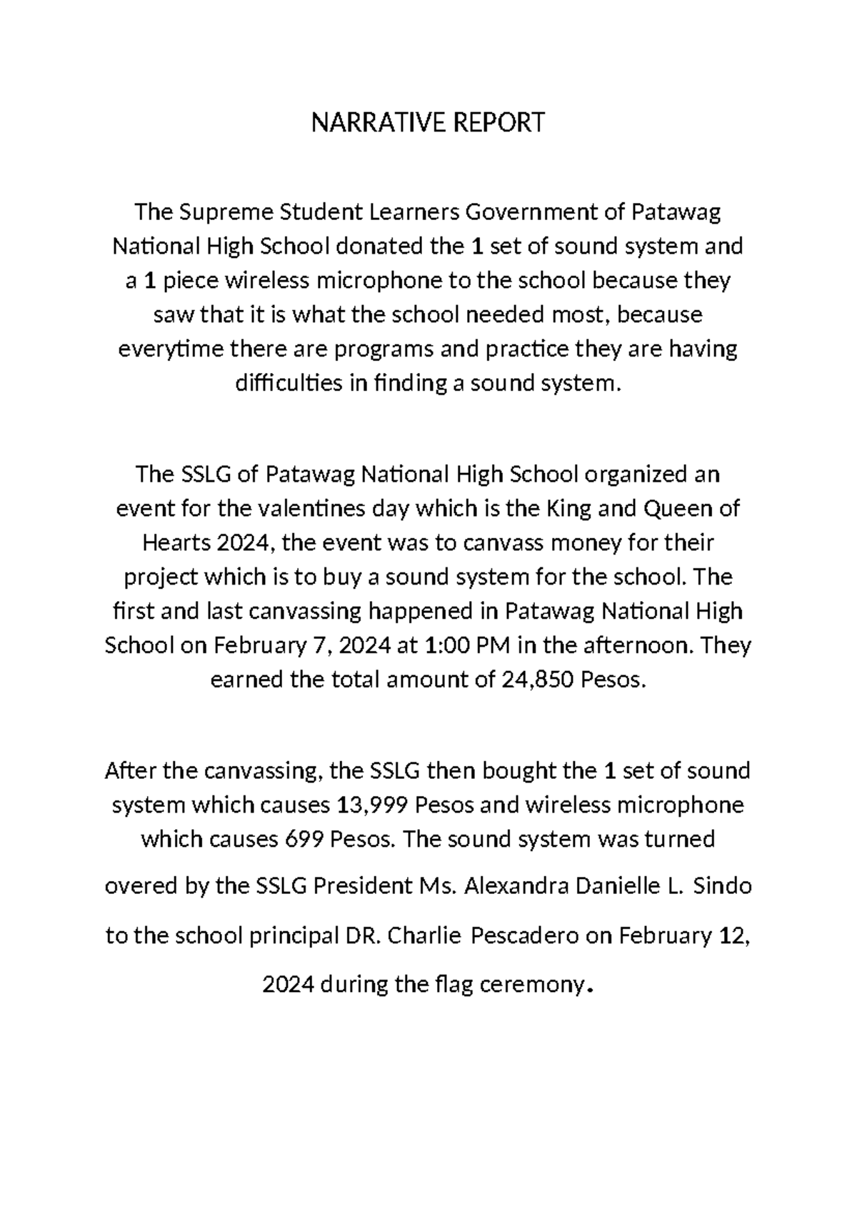 Narrative Report - NARRATIVE REPORT The Supreme Student Learners ...