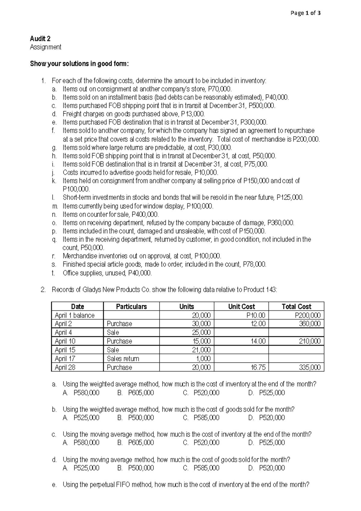 Assignment-Inventory-problems - Page 1 of 3 Audit 2 Assignment Show your solutions in good form ...