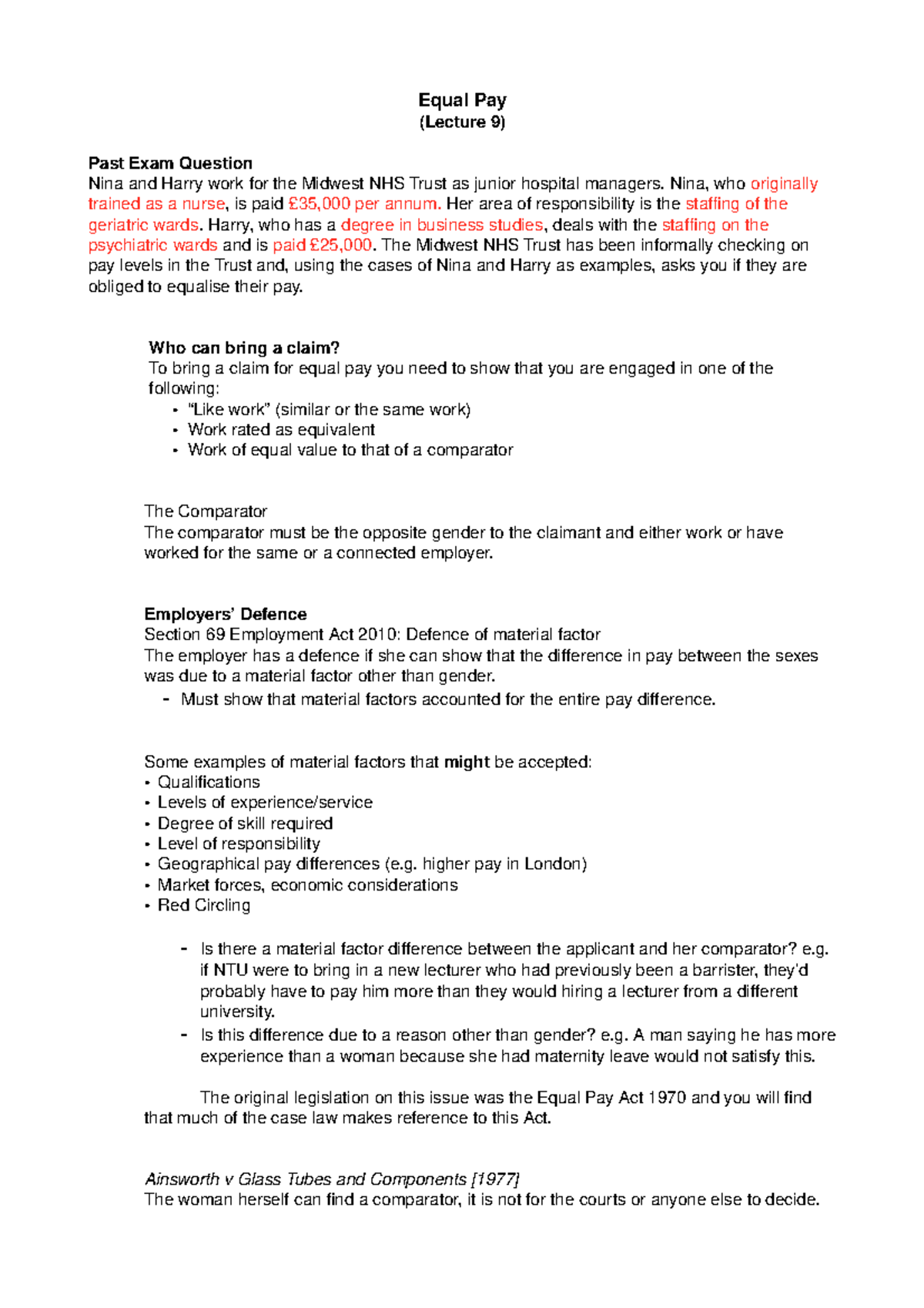 (L9) Equal Pay - Lecture notes 9 - Equal Pay (Lecture 9) Past Exam ...