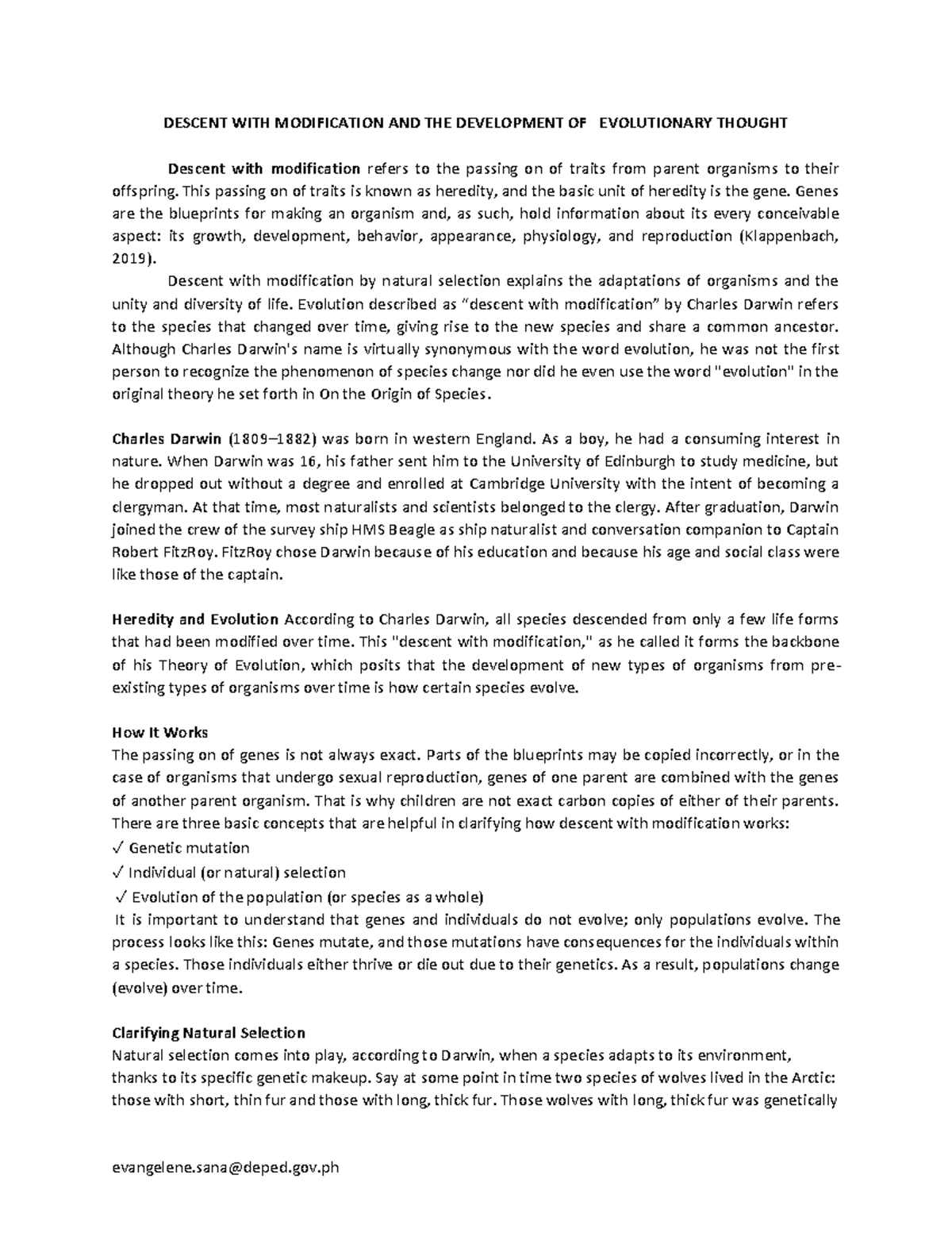 Descent WITH Modification AND THE Development OF Evolutionary Thought ...