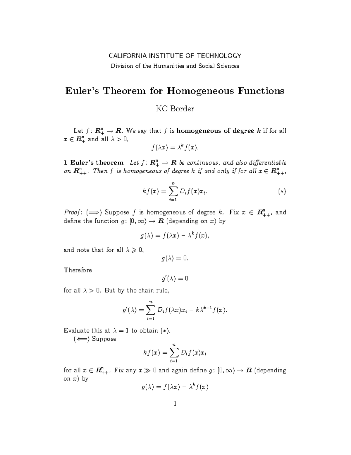 Euler theorem of homogenous function - CALIFORNIA INSTITUTE OF ...