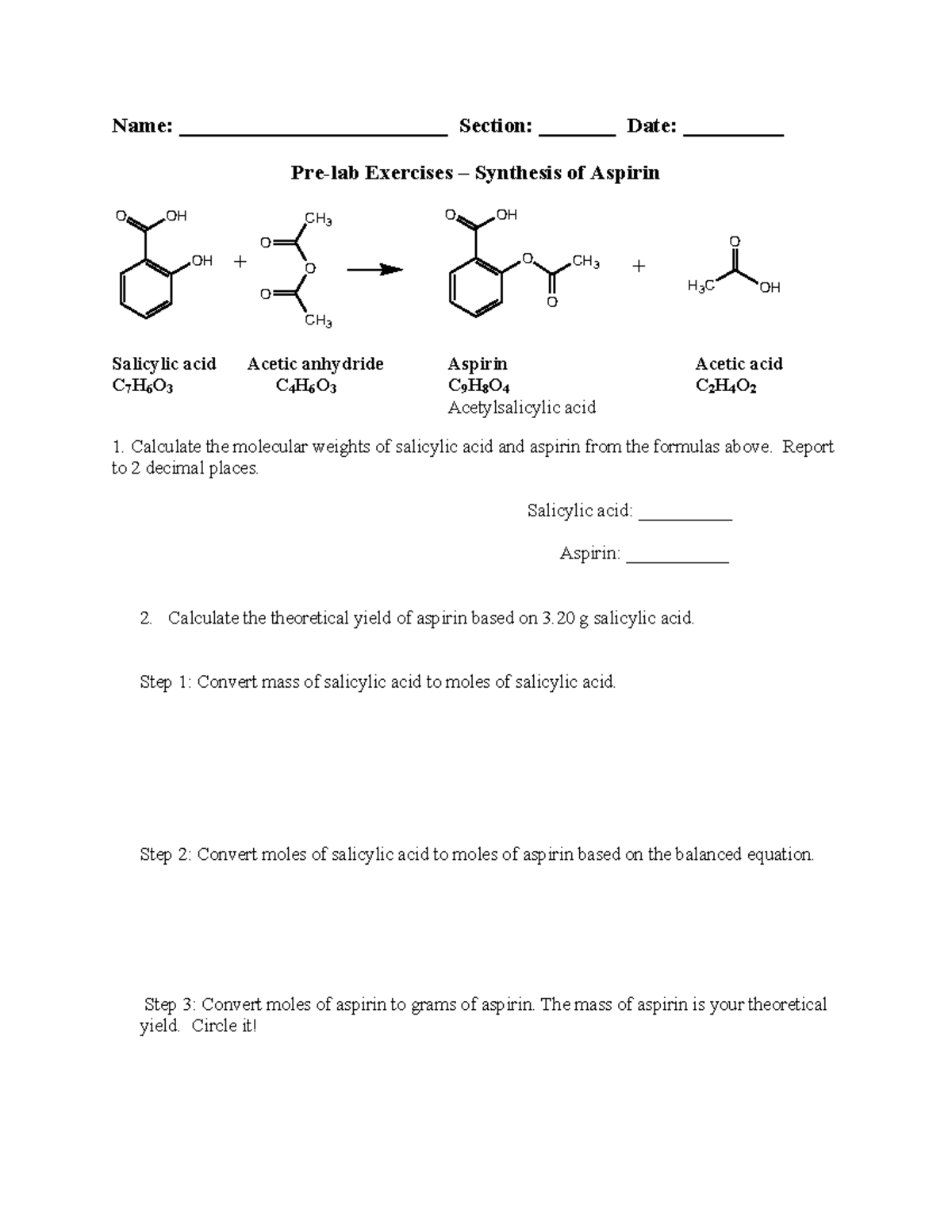 Experiment 5 Pre-Laboratory Assignment - Name: Section: Date: Pre-lab Exercises – Synthesis of ...
