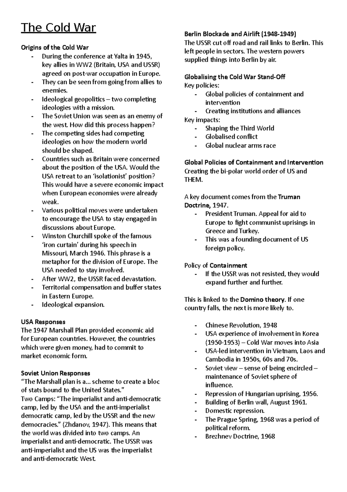 The Cold War - Lecture notes - The Cold War Origins of the Cold War ...