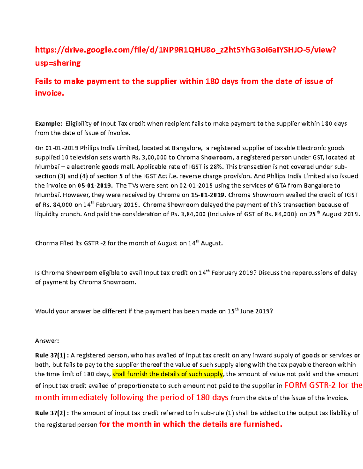 ITC examples made - Fails to make payment to the supplier within 180 ...