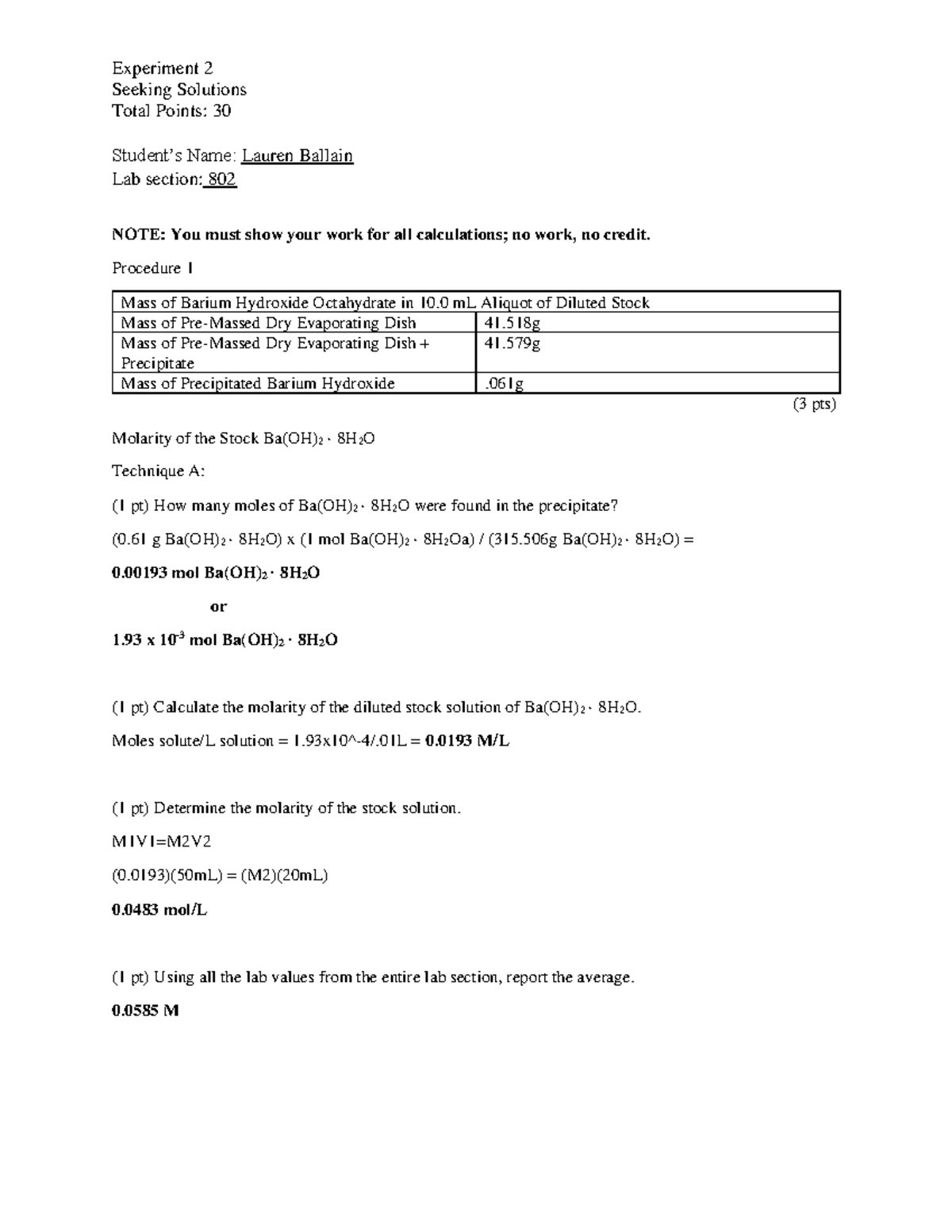 CHEM 110 LAB - Experiment 2 Seeking Solutions - Experiment 2 Seeking ...