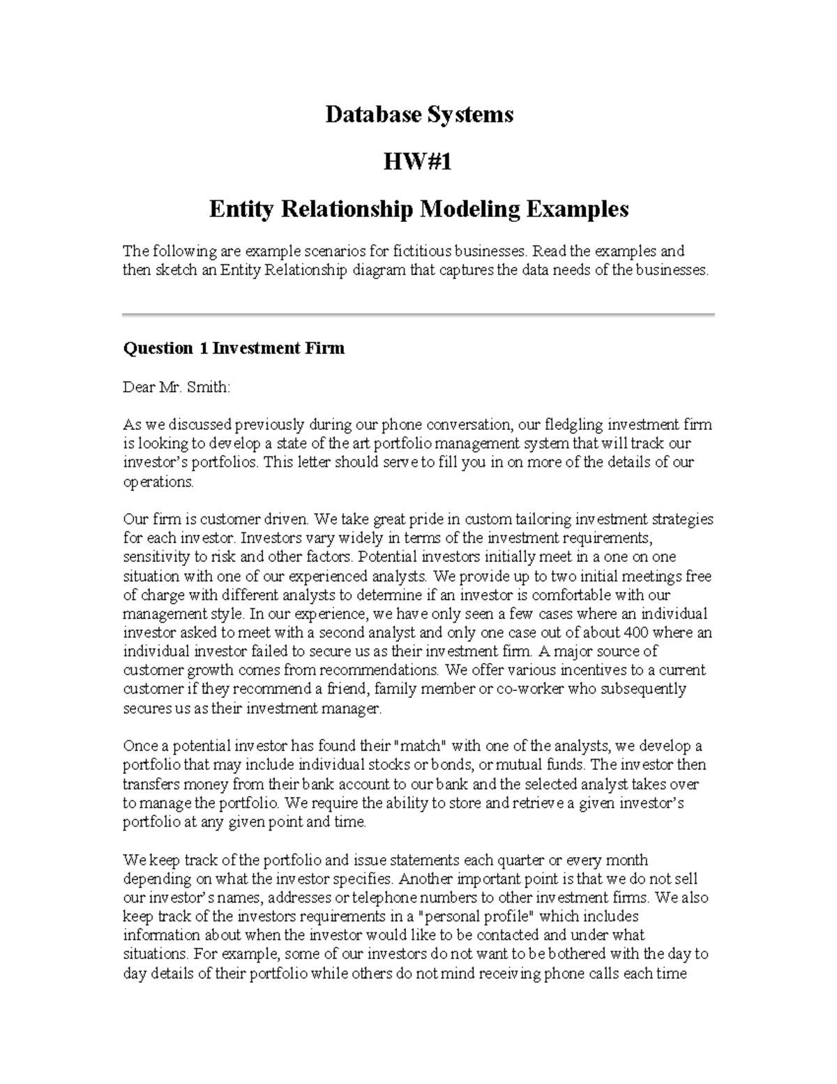 DB-S22-HW1_ database questions - Database Systems HW# Entity Relationship Modeling Examples The ...