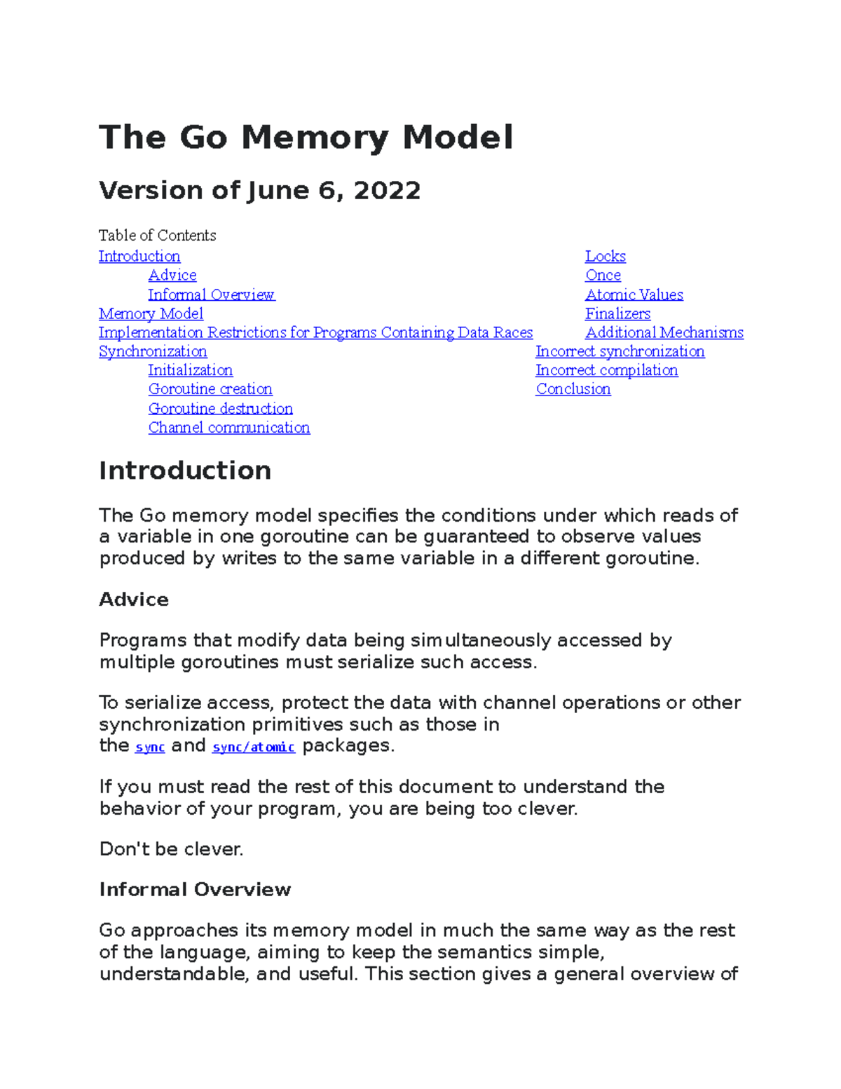 The Go Memory Model - Computer technology essays - The Go Memory Model Version of June 6, 2022 ...