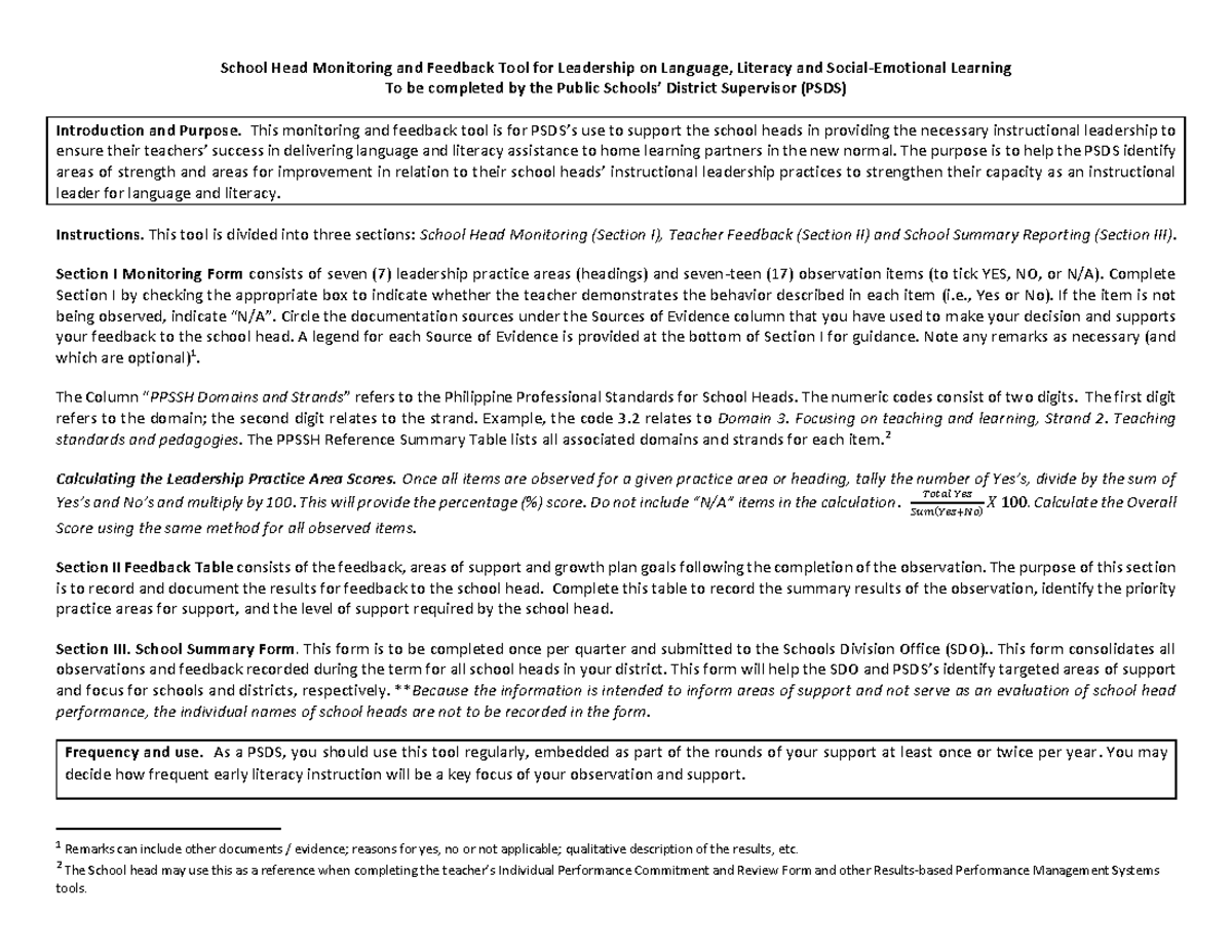 Tool-School Head Monitoring and Feedback Tool for Leadership on ...