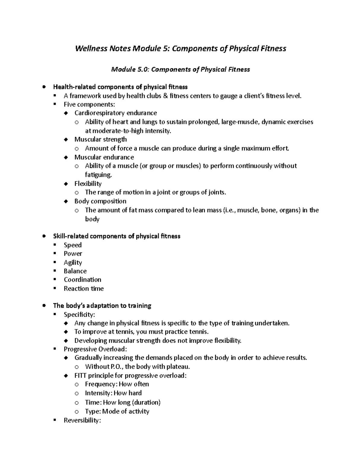 Wellness Notes Module 5 - Five components: Cardiorespiratory endurance ...