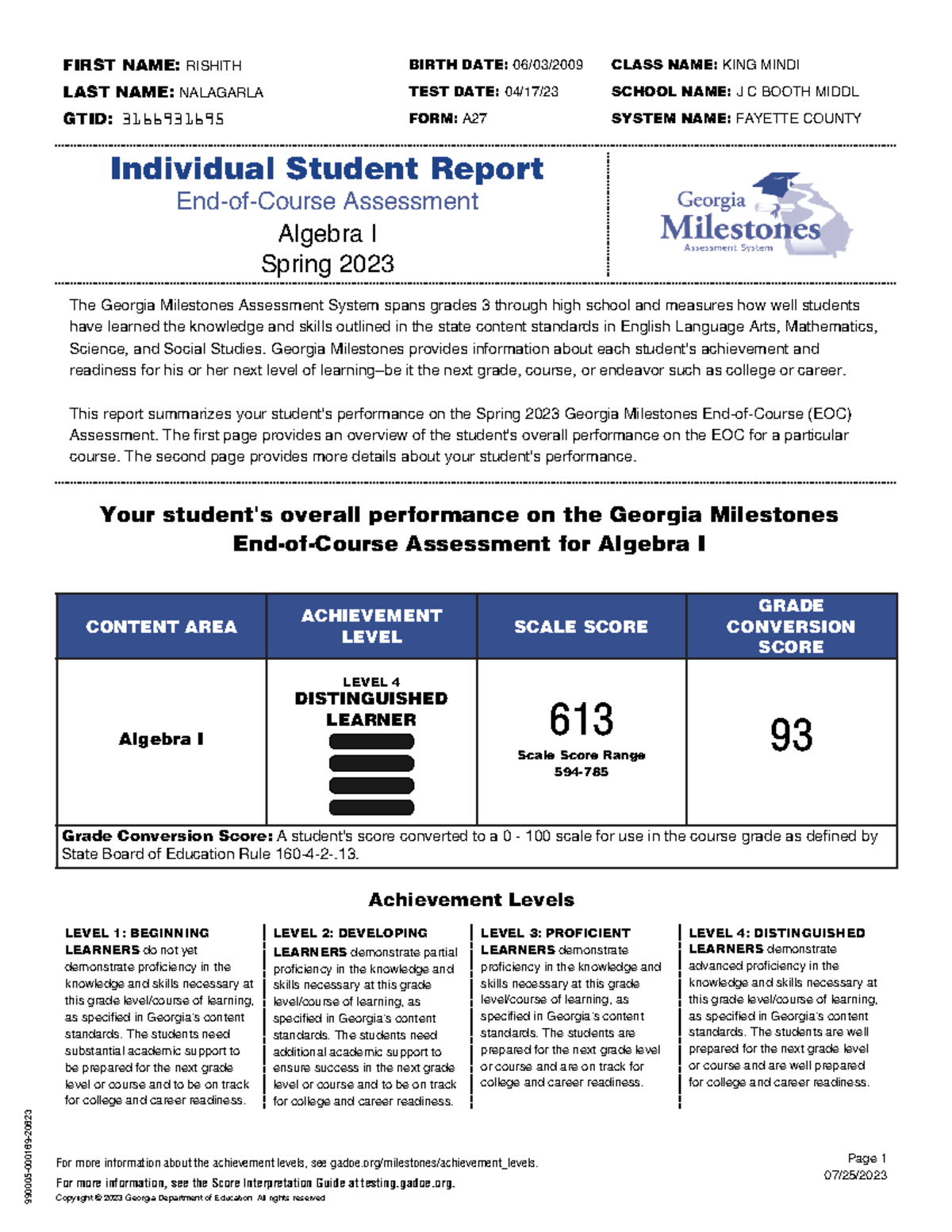 Nalagarla-Rishith 2023 Spring EOC ISR - Individual Student Report End ...