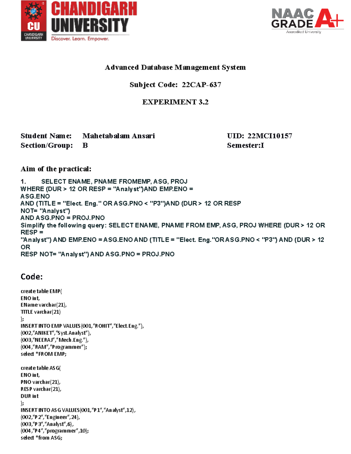 Adbms 3 - Advanced Database Management System Subject Code: 22CAP ...