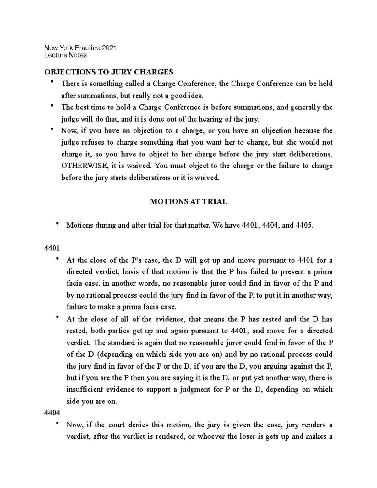 Objections TO JURY Charges - New York Practice 2021 Lecture Notes ...