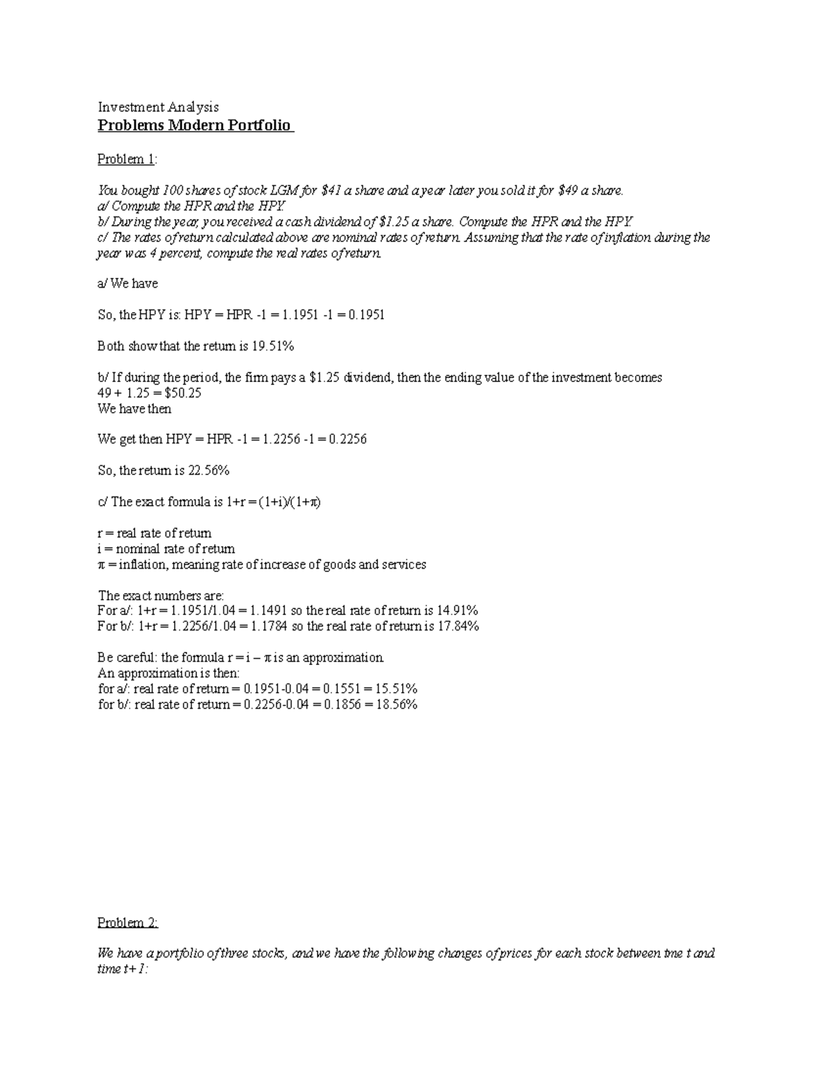 Inv340 Problemschapter - Investment Analysis Problems Modern Portfolio ...