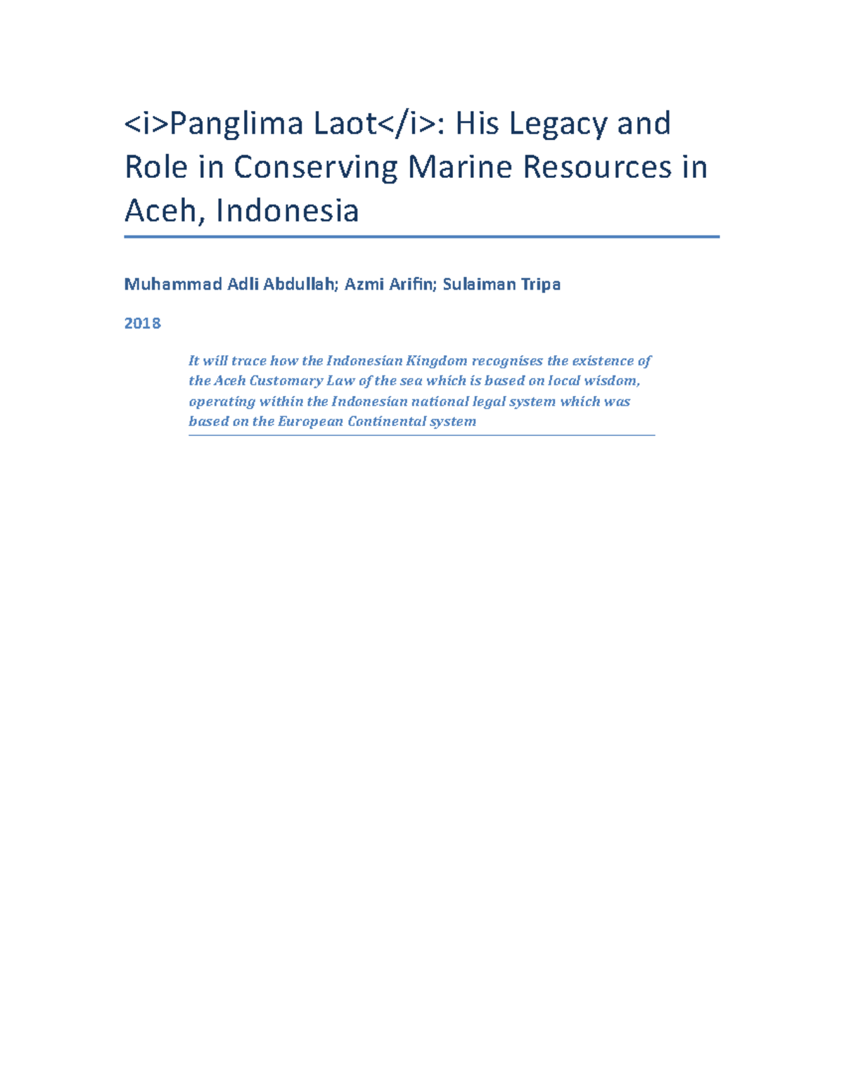 I Panglima Laot i His Legacy and Role in Conserving Marine Resources in ...