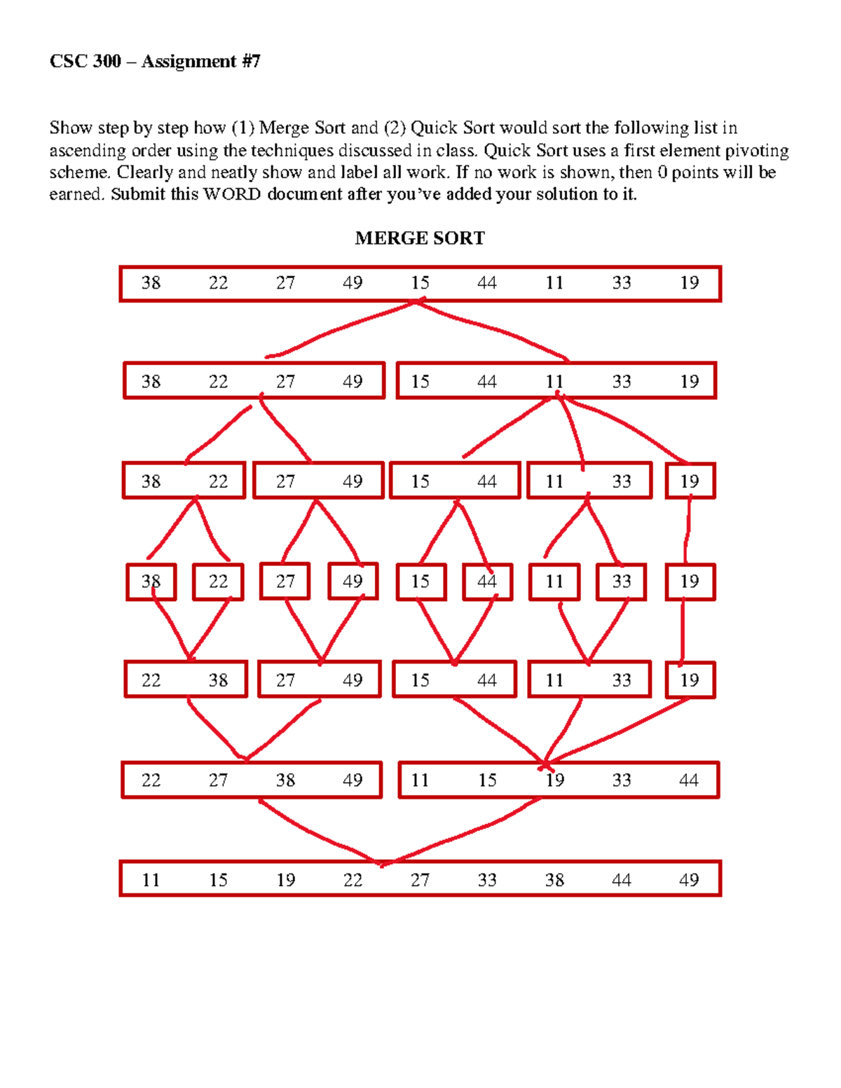 Csc 300 Assignment 7 Csc 300 Assignment Show Step By Step How 1 Merge Sort And 2 Quick