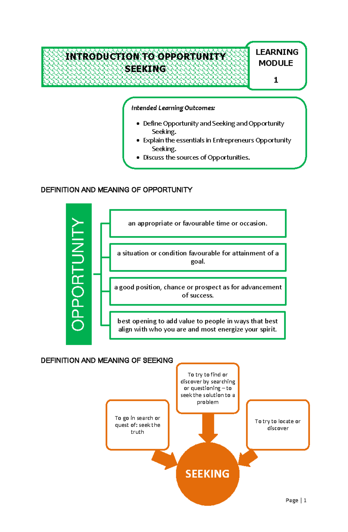 Entrep 211 Module 1 - grege - SEEKING To go in search or quest of: seek the truth To try to find ...
