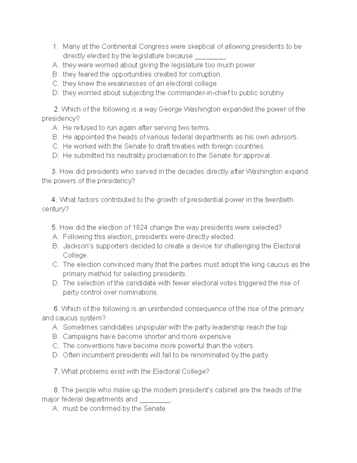 Chap 12 Study Guide, The President - Many at the Continental Congress ...