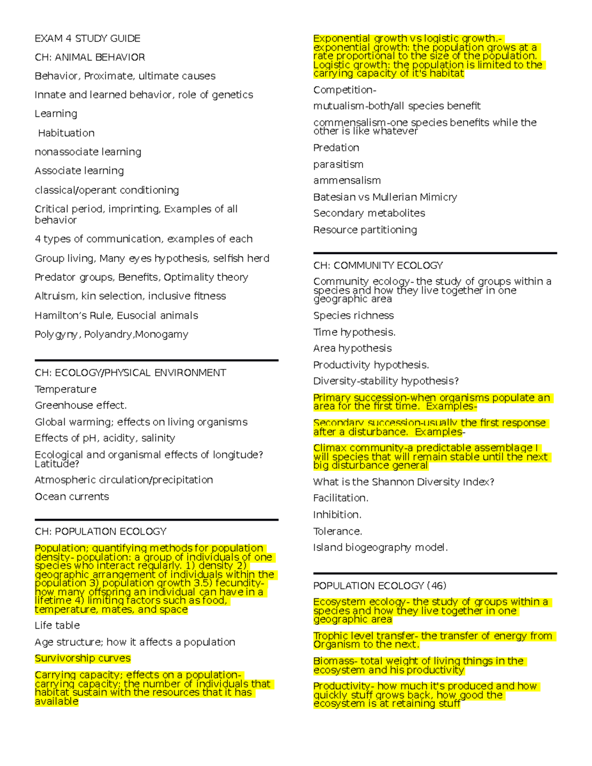 EXAM 4 Study Guide 102 (1)-1 - EXAM 4 STUDY GUIDE CH: ANIMAL BEHAVIOR ...