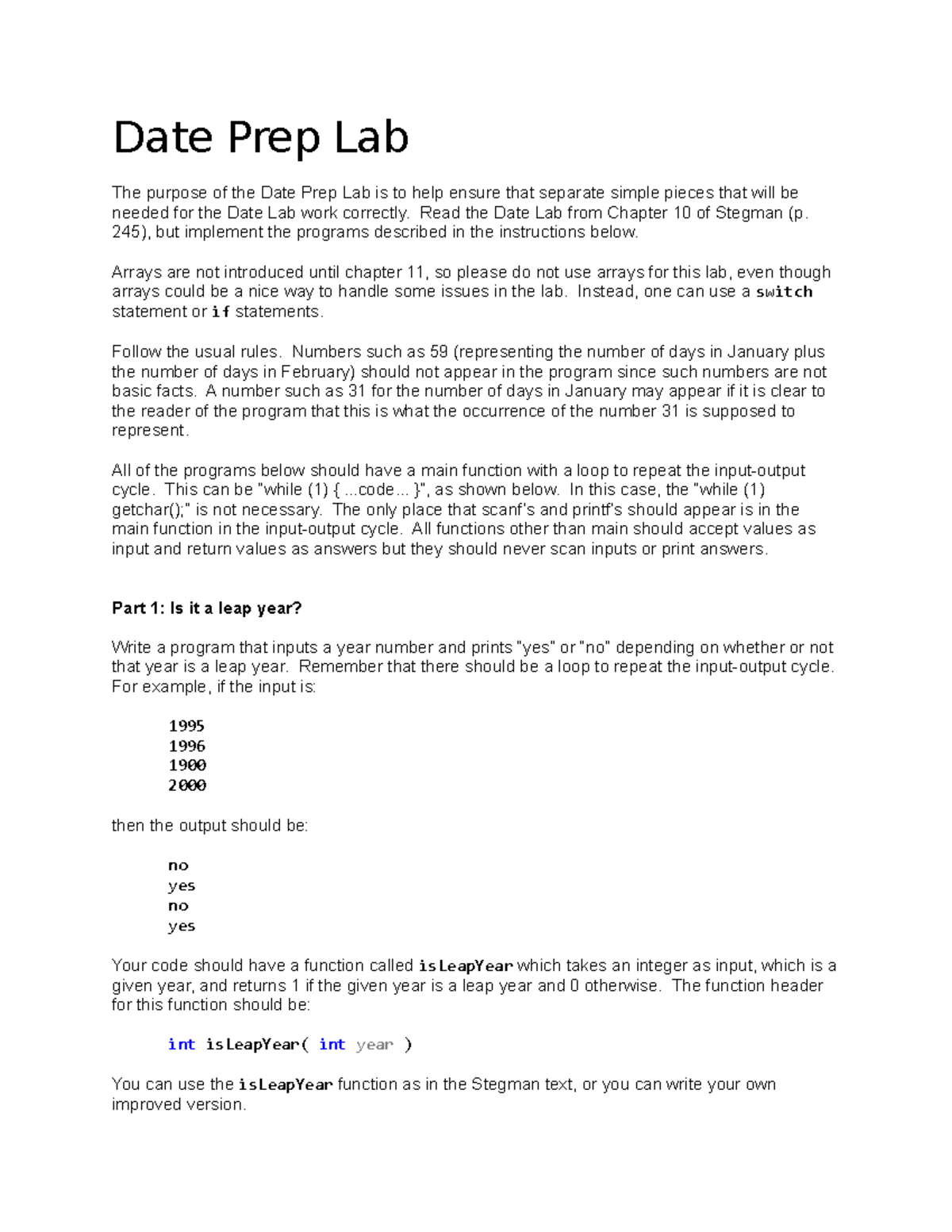 Date prep lab final assignment - Date Prep Lab The purpose of the Date ...