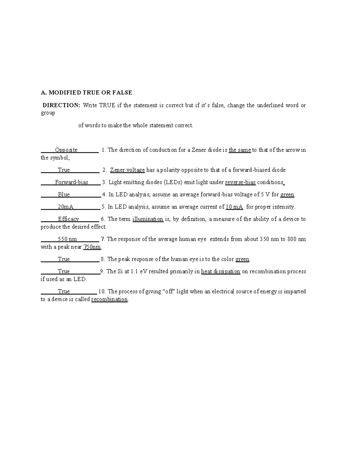 Electronics (Special Diode Applications) - Modified TRUE OR False Activity WITH Answers - BAOY ...