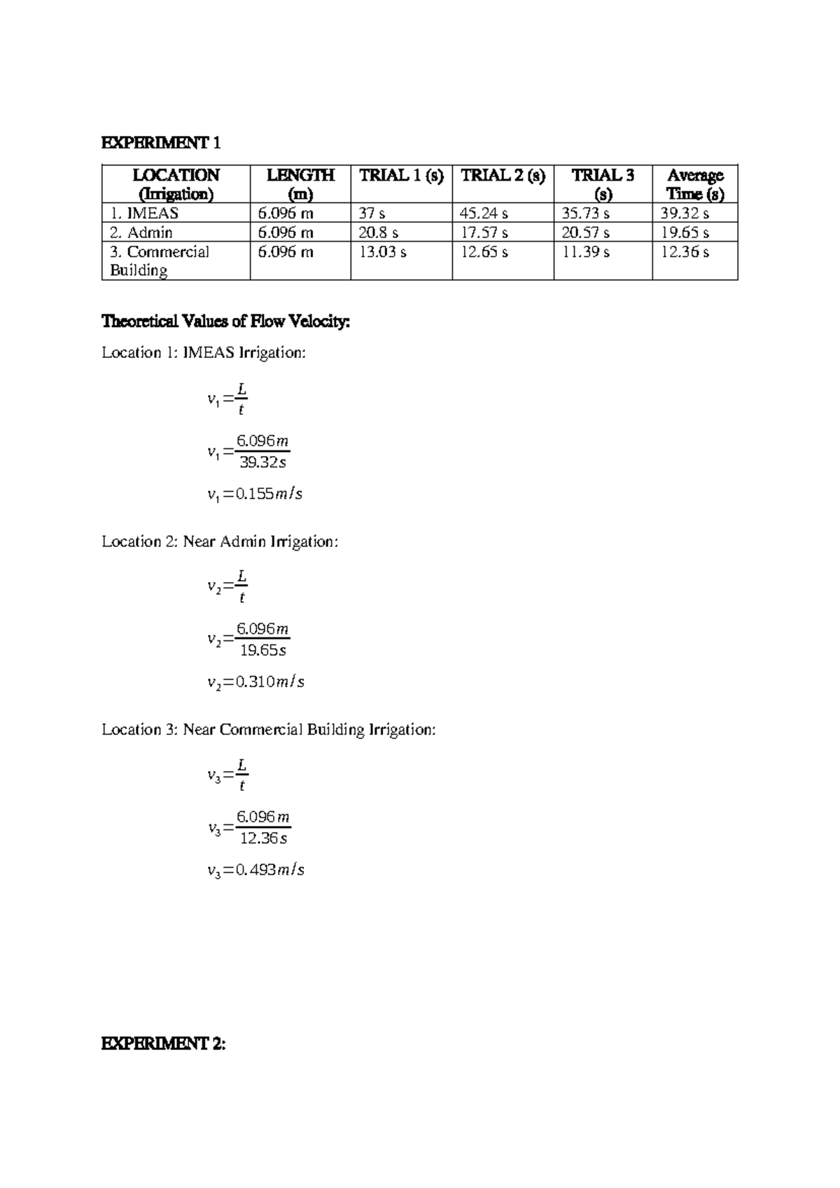 LAB-8- Results - Laboratory Activity - v 1 = L t v 1 = 6 m 39 s v 1 =0 ...