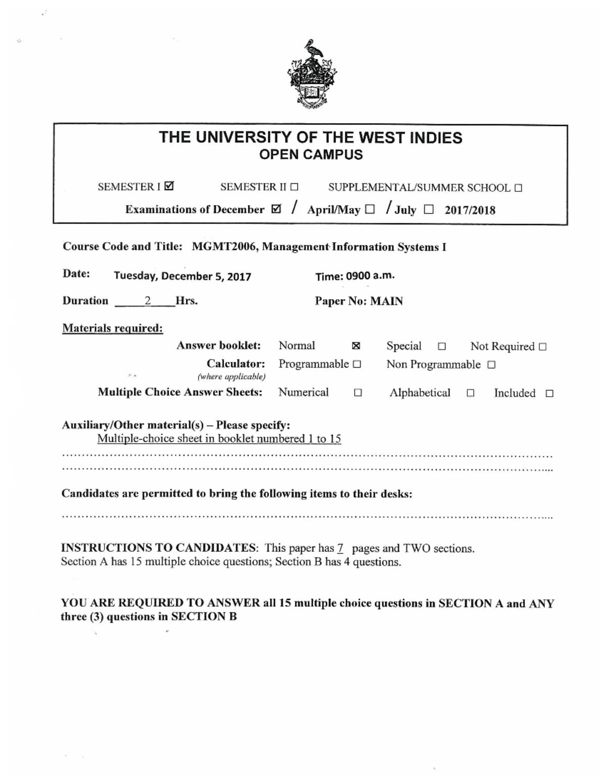 Past paper dec2017 - MIS - Operations Management - Studocu
