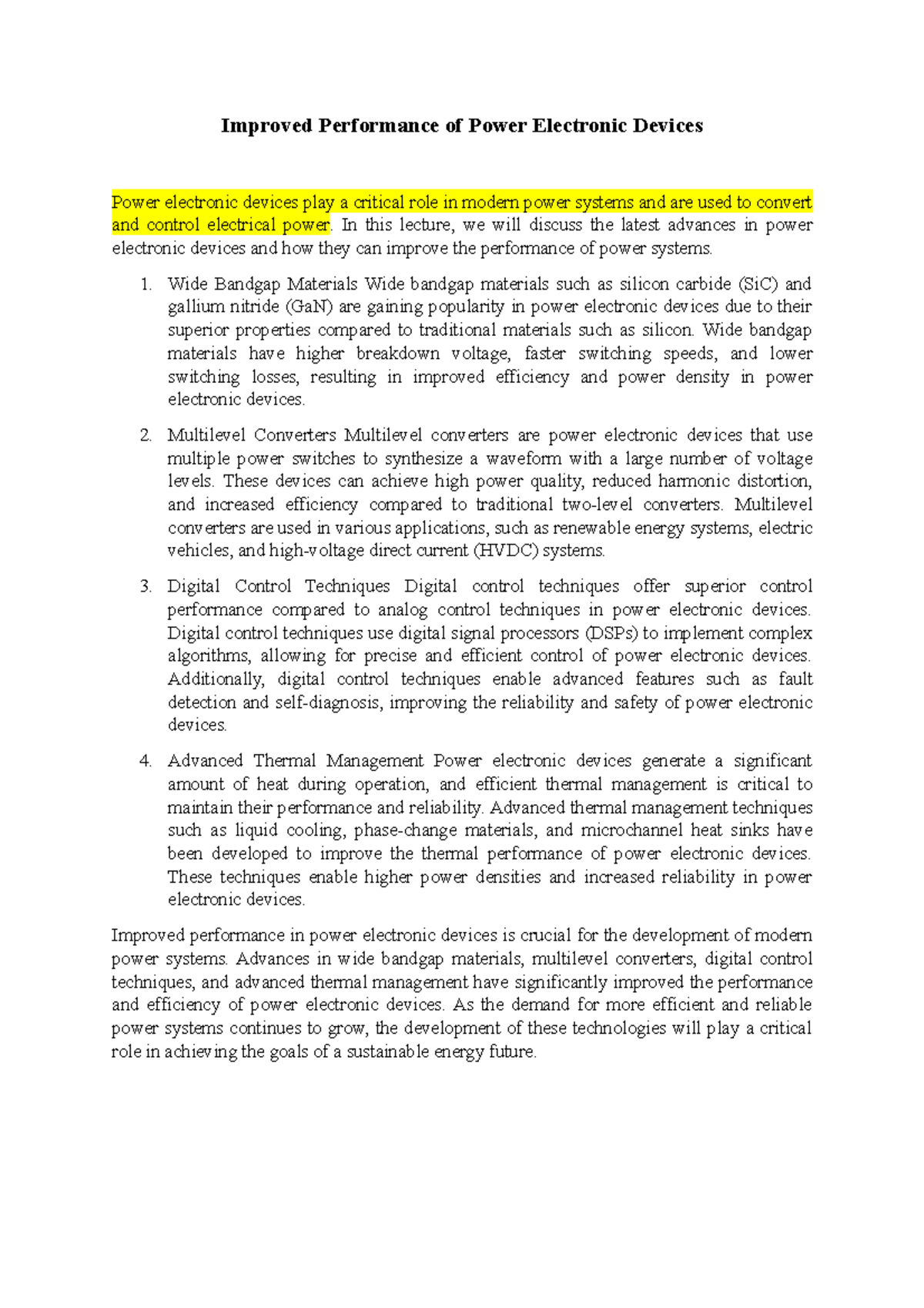 Improved Performance of Power Electronic Devices - In this lecture, we ...