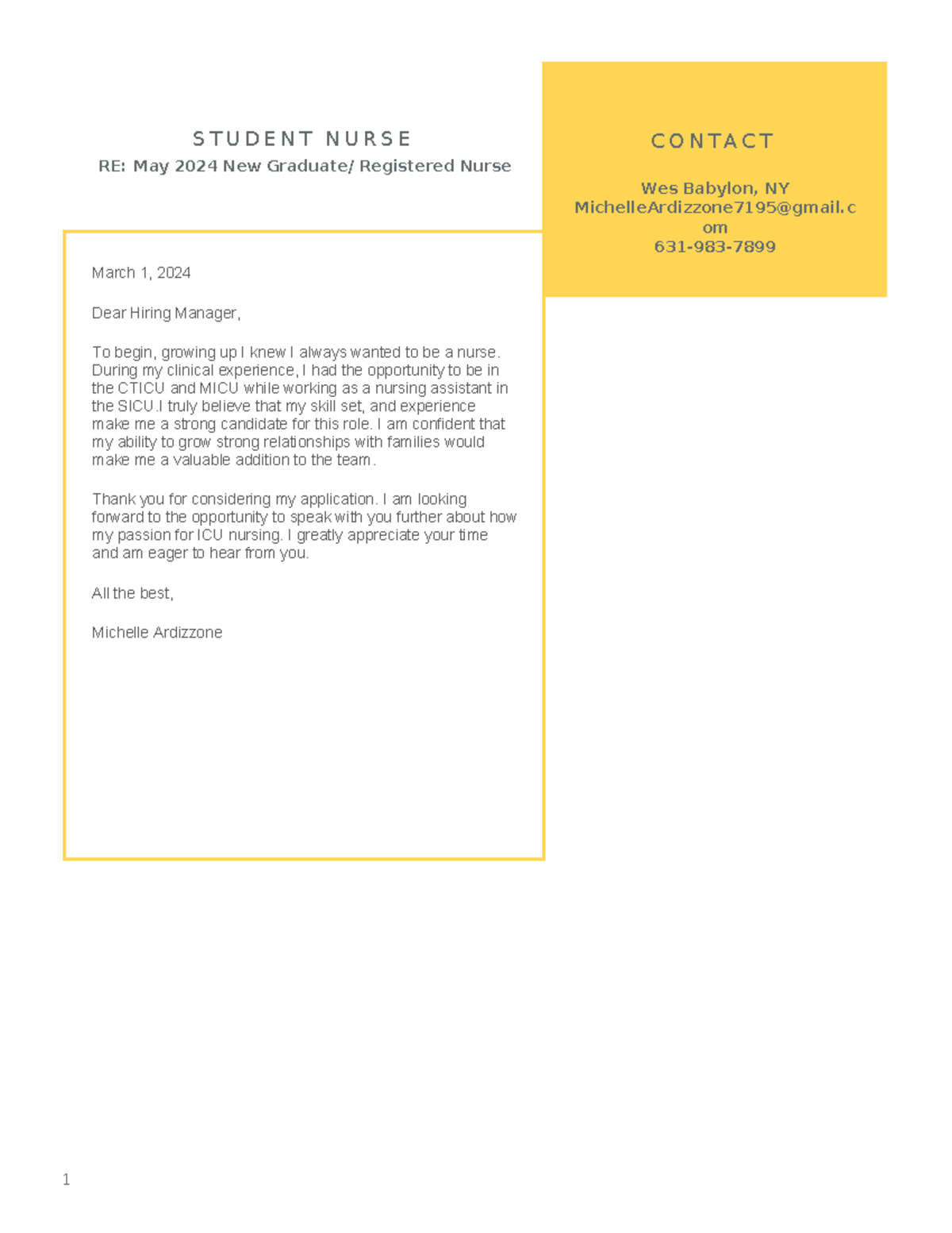Michelle Ardizzone ICU Cover Letter - S T U D E N T N U R S E RE: May ...