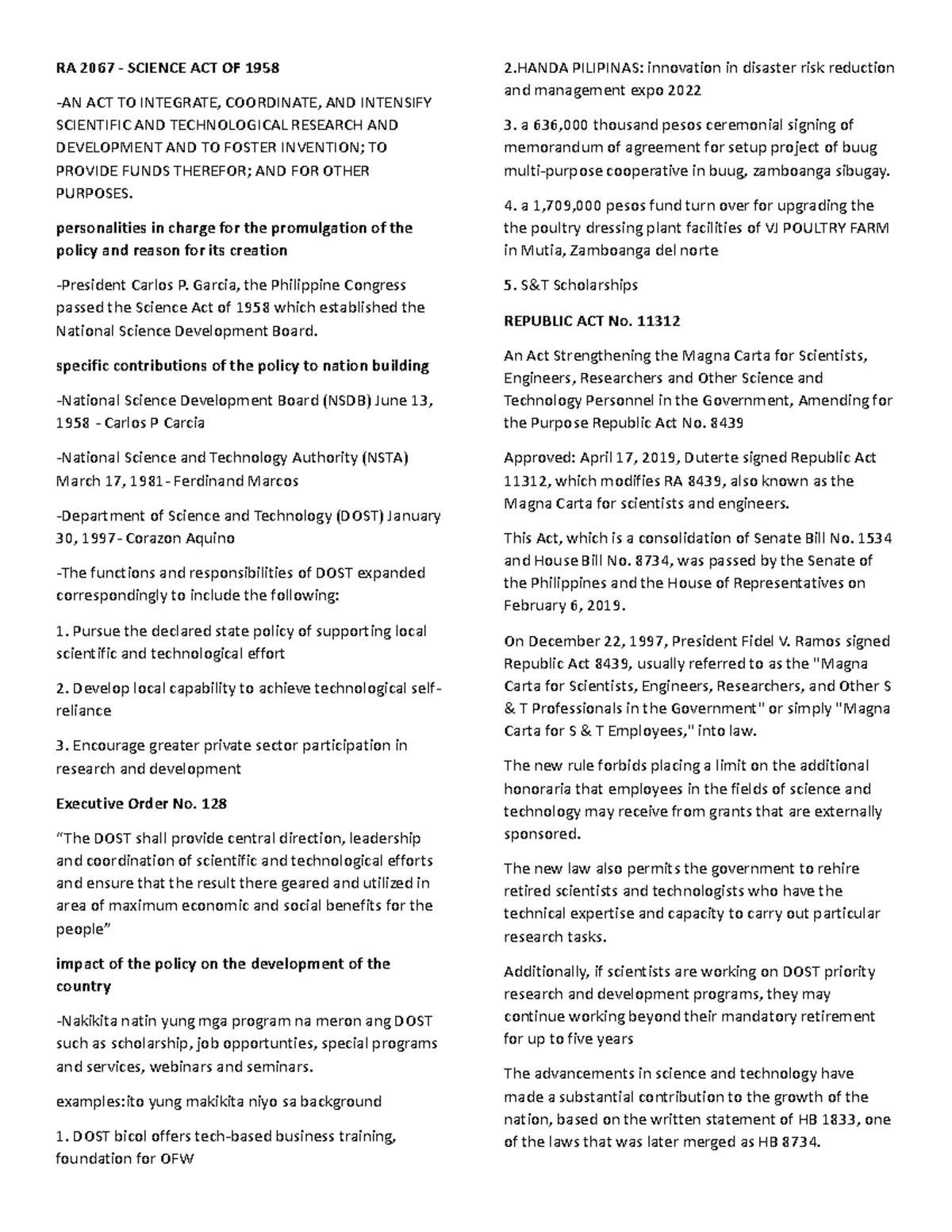 Scitec notes quiz 3 - RA 2067 - SCIENCE ACT OF 1958 -AN ACT TO ...