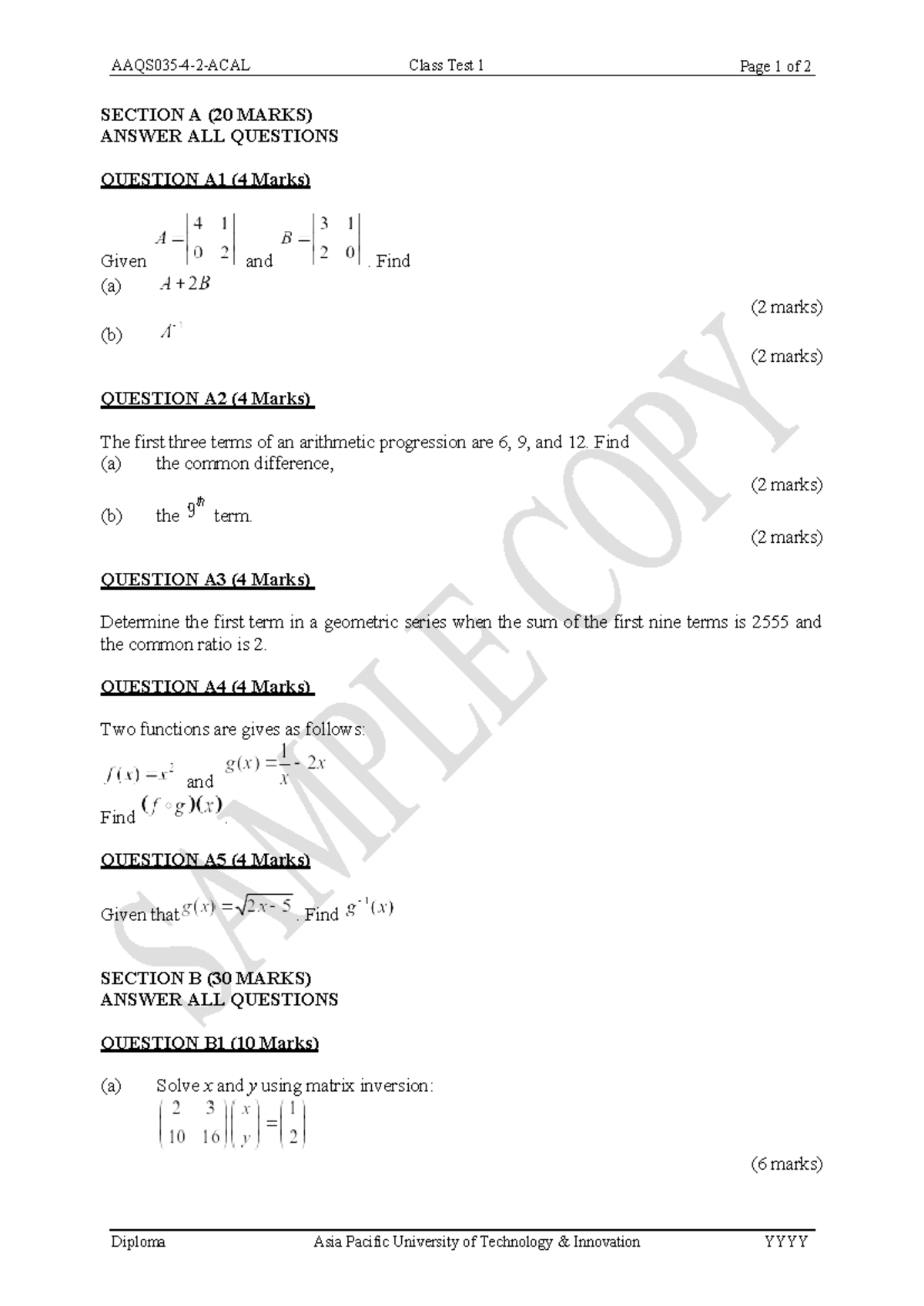 Sample Test 1 (Q) - practice question - AAQS035-4-2-ACAL Class Test 1 ...