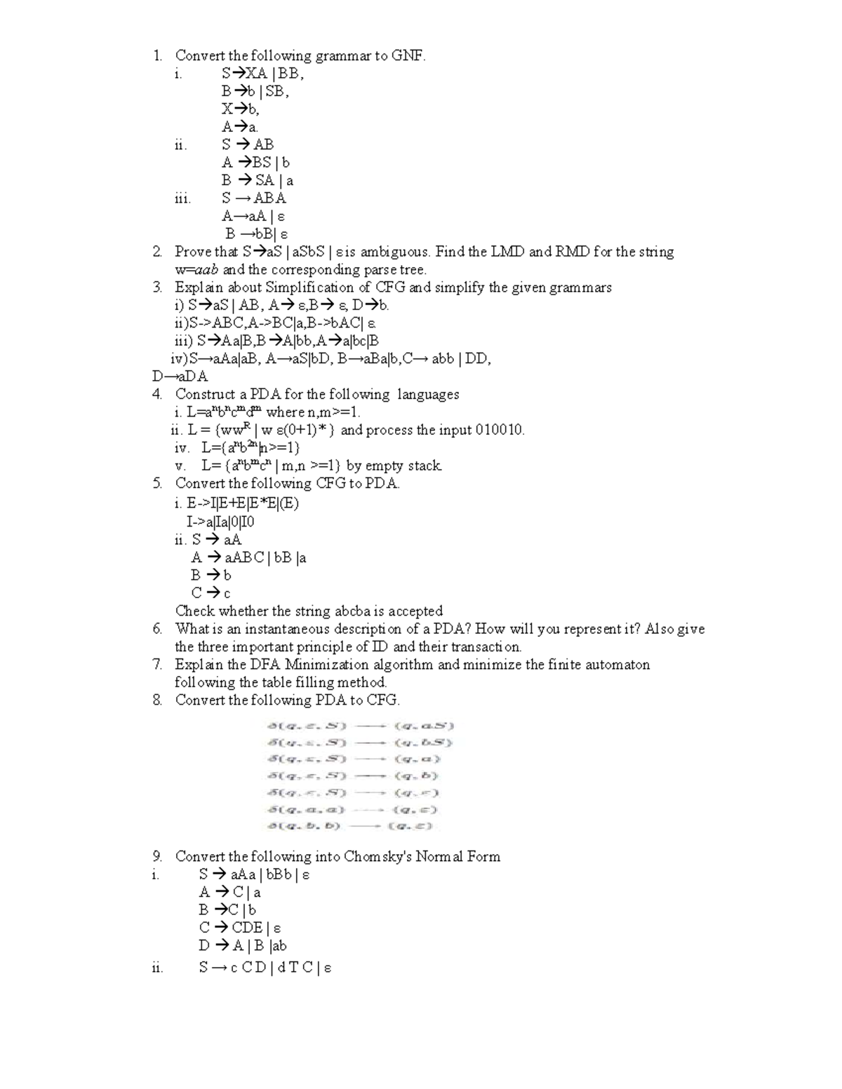 Unit 2 - unit 2 qb - Convert the following grammar to GNF. i. S XA | BB, B b | SB, X b, A a. ii ...