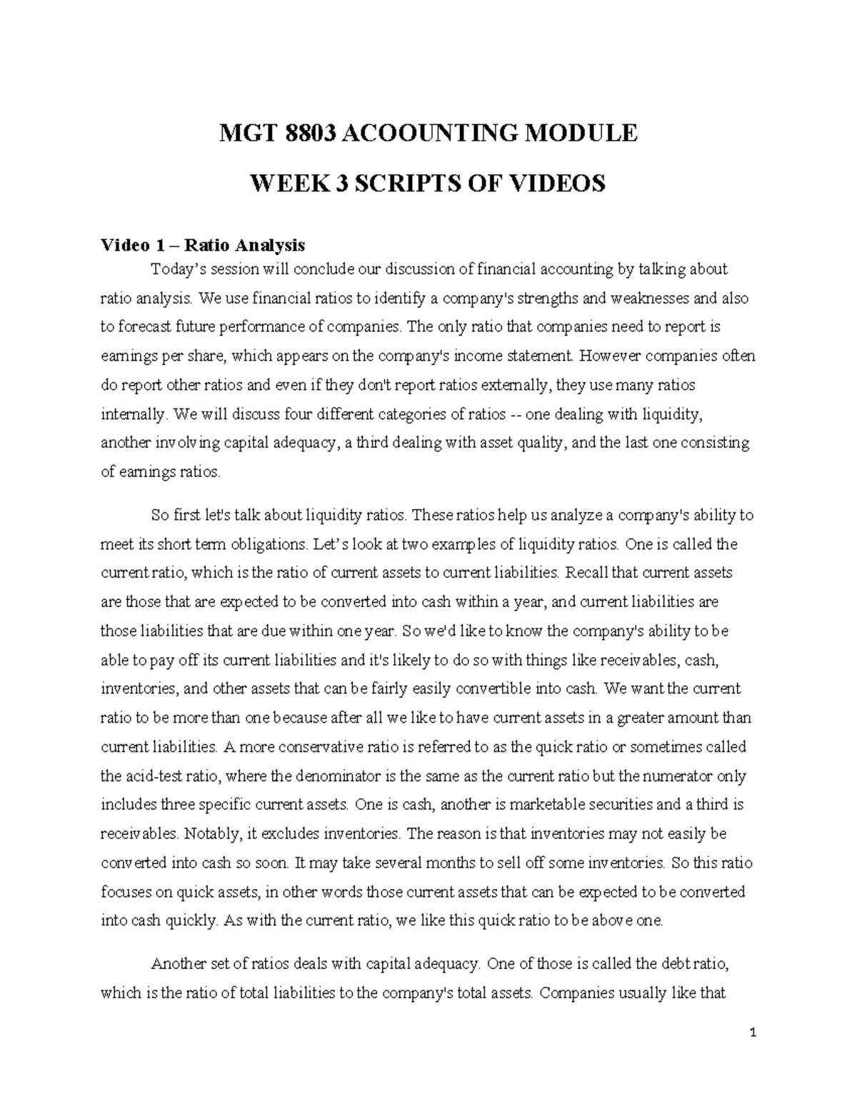 Week 3 Accounting- Ratio and Financial Statement Analysis Video Scripts - MGT 8803 ACOOUNTING ...